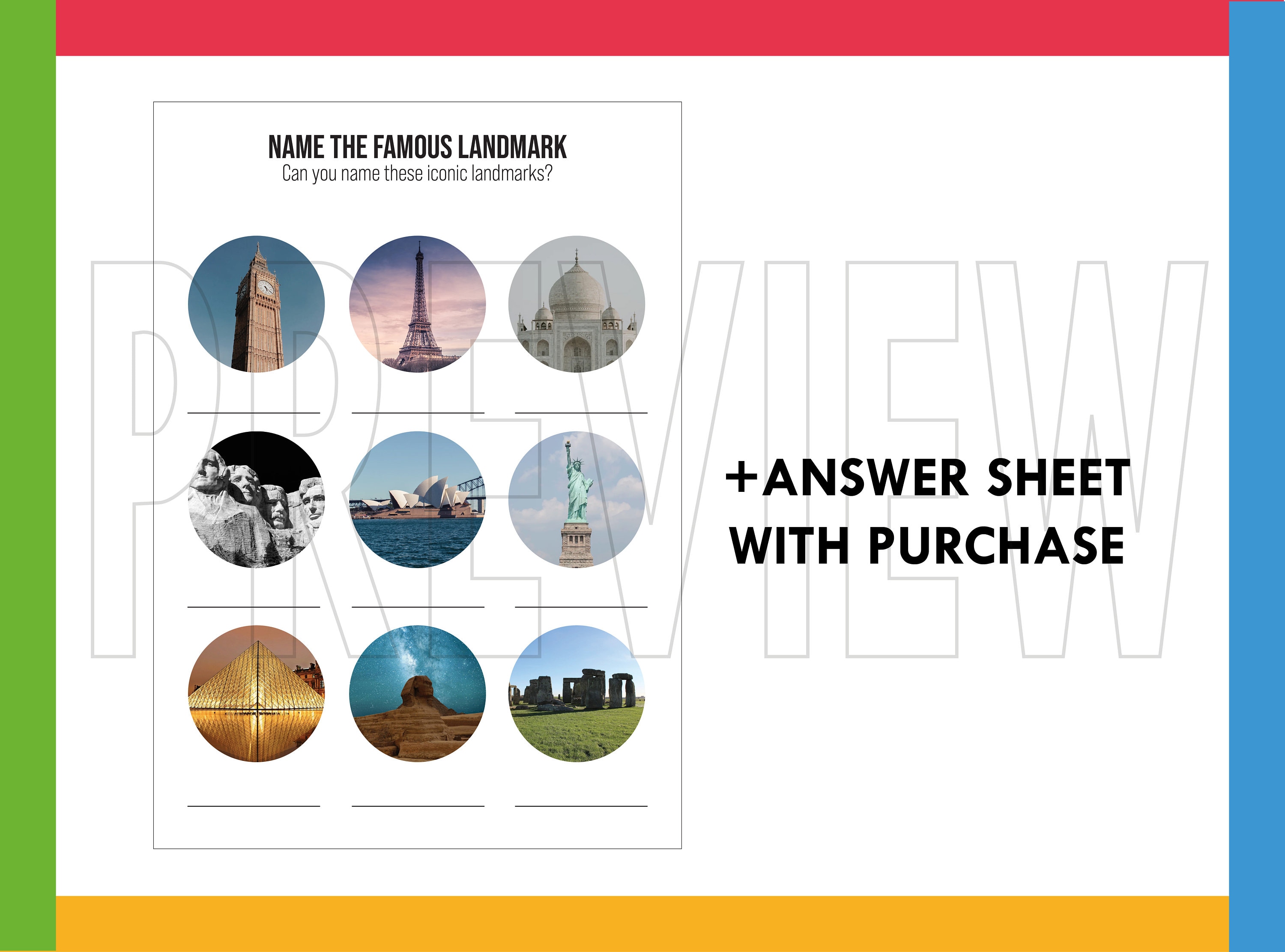 Landmark Picture Game: Family Geography Quiz (instant Download) - Etsy