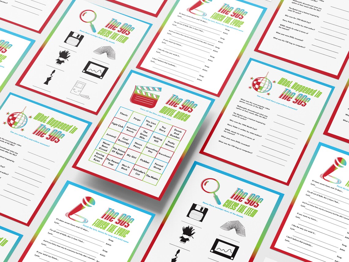 90s Party Pack Bundle | 90s Movie and Music Quiz | 1990s Decade ...