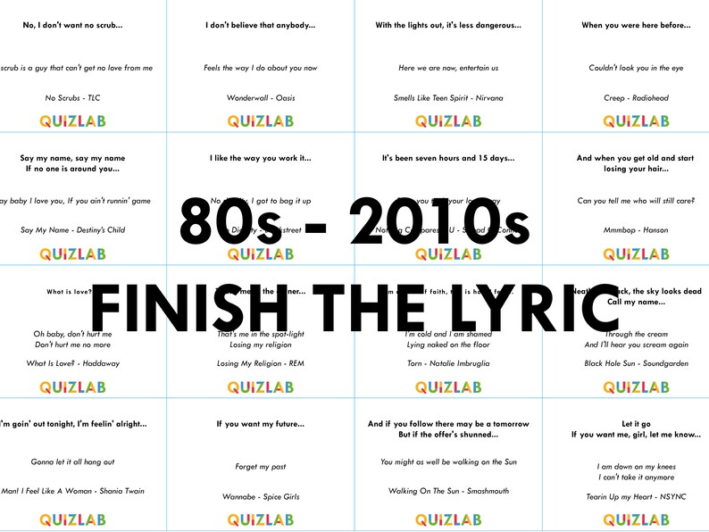Finish the Lyric Card Game | 80s - 2010s Cut and Play | Music Quiz Deck ...