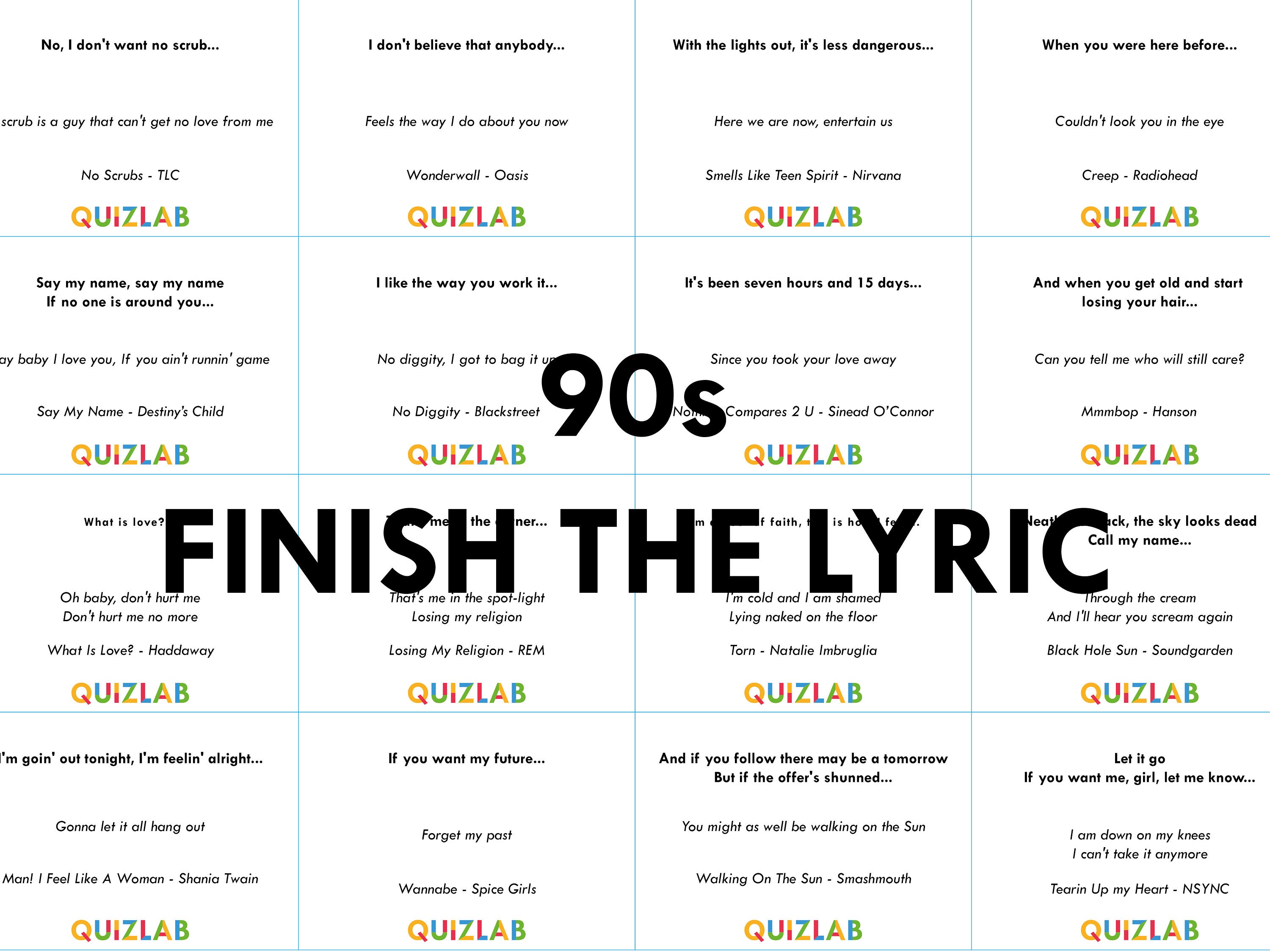 90s Finish the Lyric Card Game | Songs of the 90s | Cut and Play ...