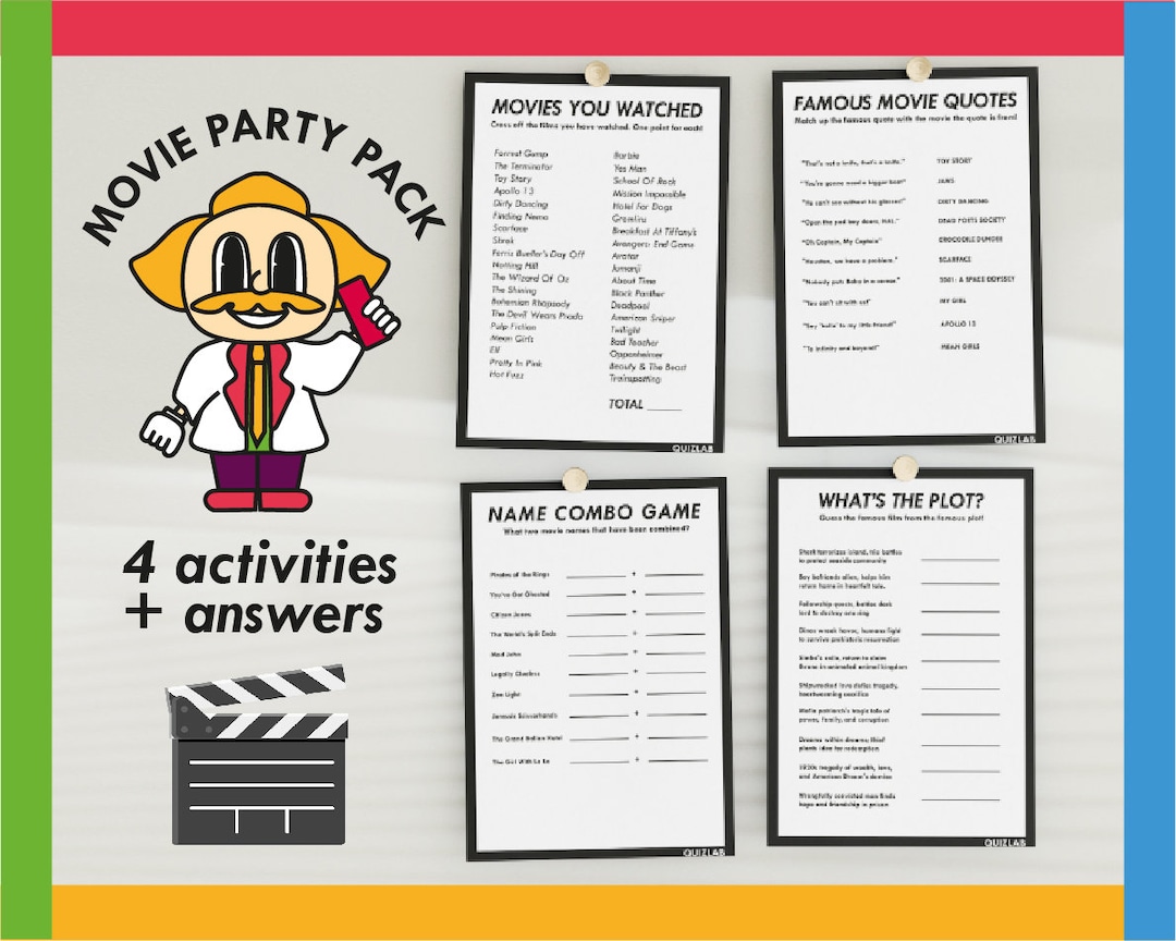 Movie Party Pack | Film and Movie Quiz | Movie Fan Activities | Movie ...