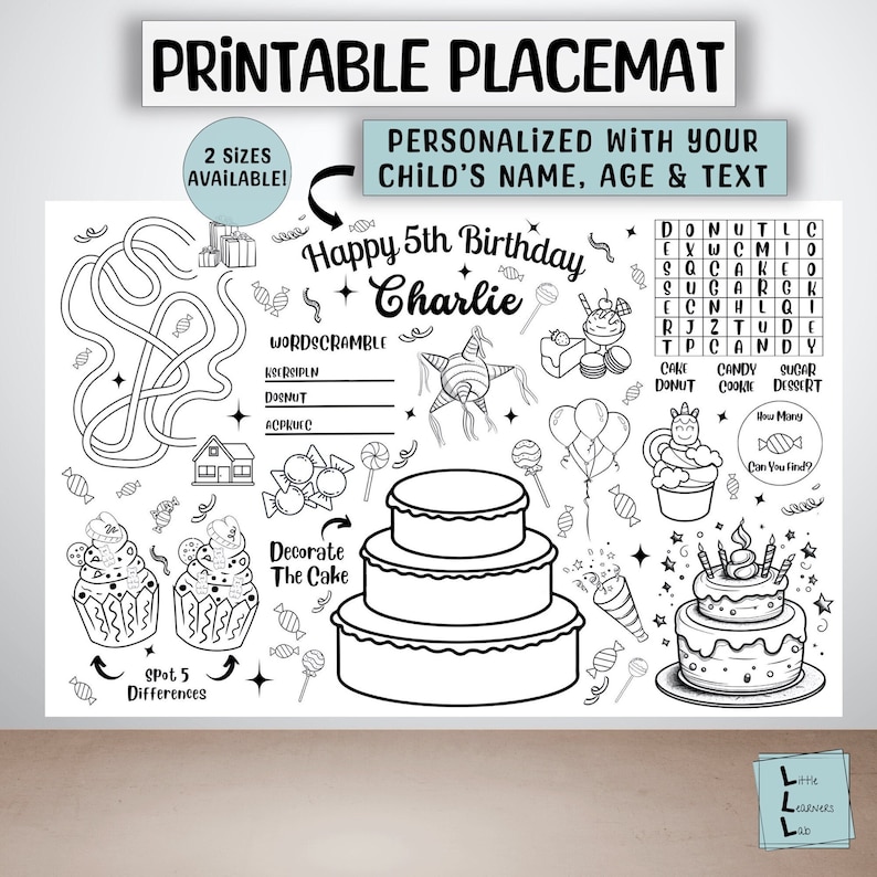 Birthday Party Coloring Placemat for Kids, Personalized Gift, Custom ...