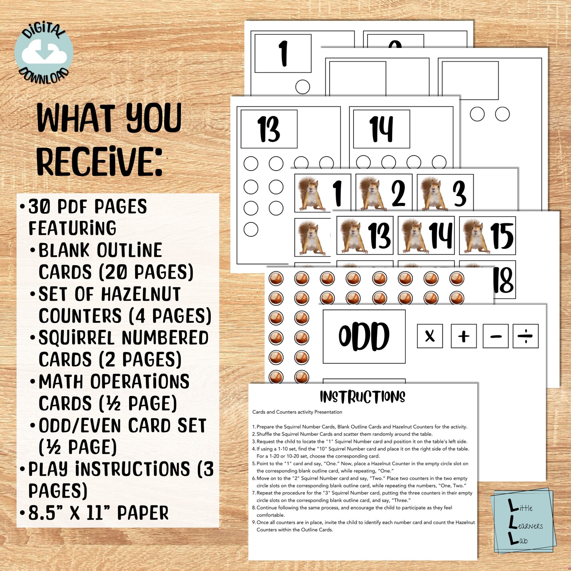 Fall Squirrel Numbers and Counters Set, Number Match Practice 1-20 ...