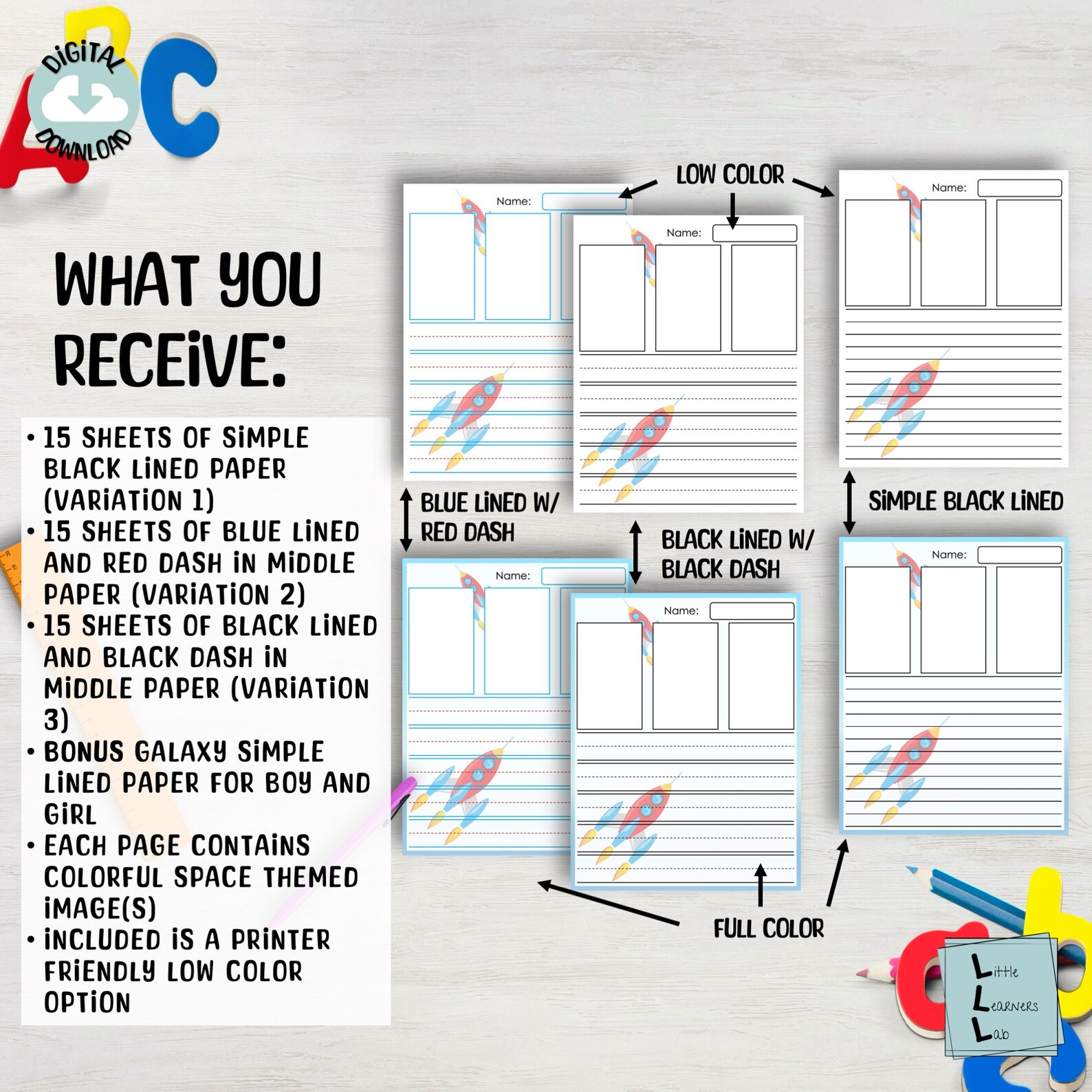 PRINTABLE Set of 3 Primary Lined Paper, Lined Paper, Wide Ruled Journal ...