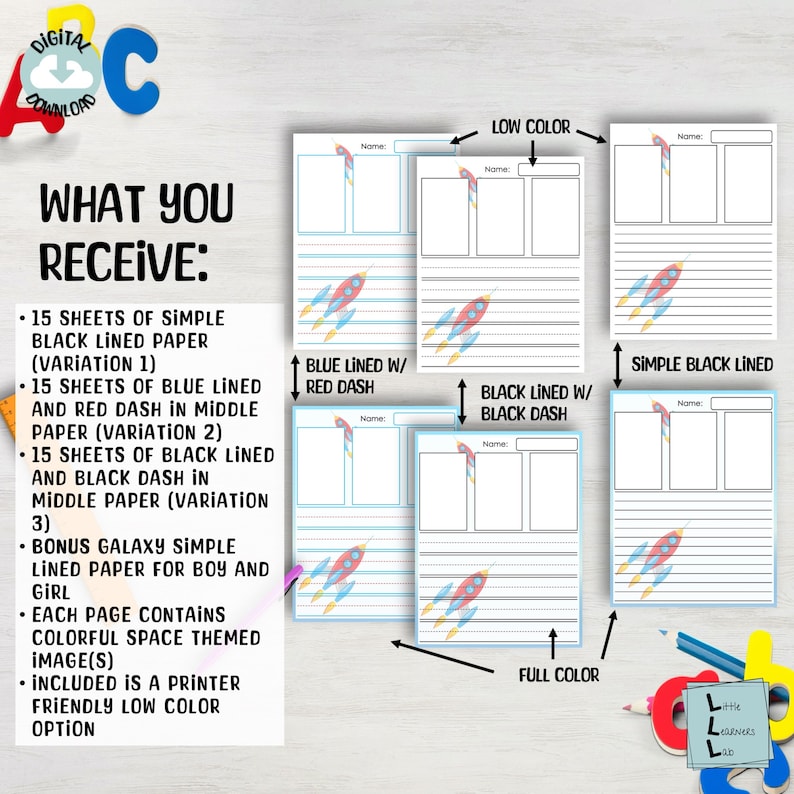 PRINTABLE Set of 3 Primary Lined Paper, Lined Paper, Wide Ruled Journal ...