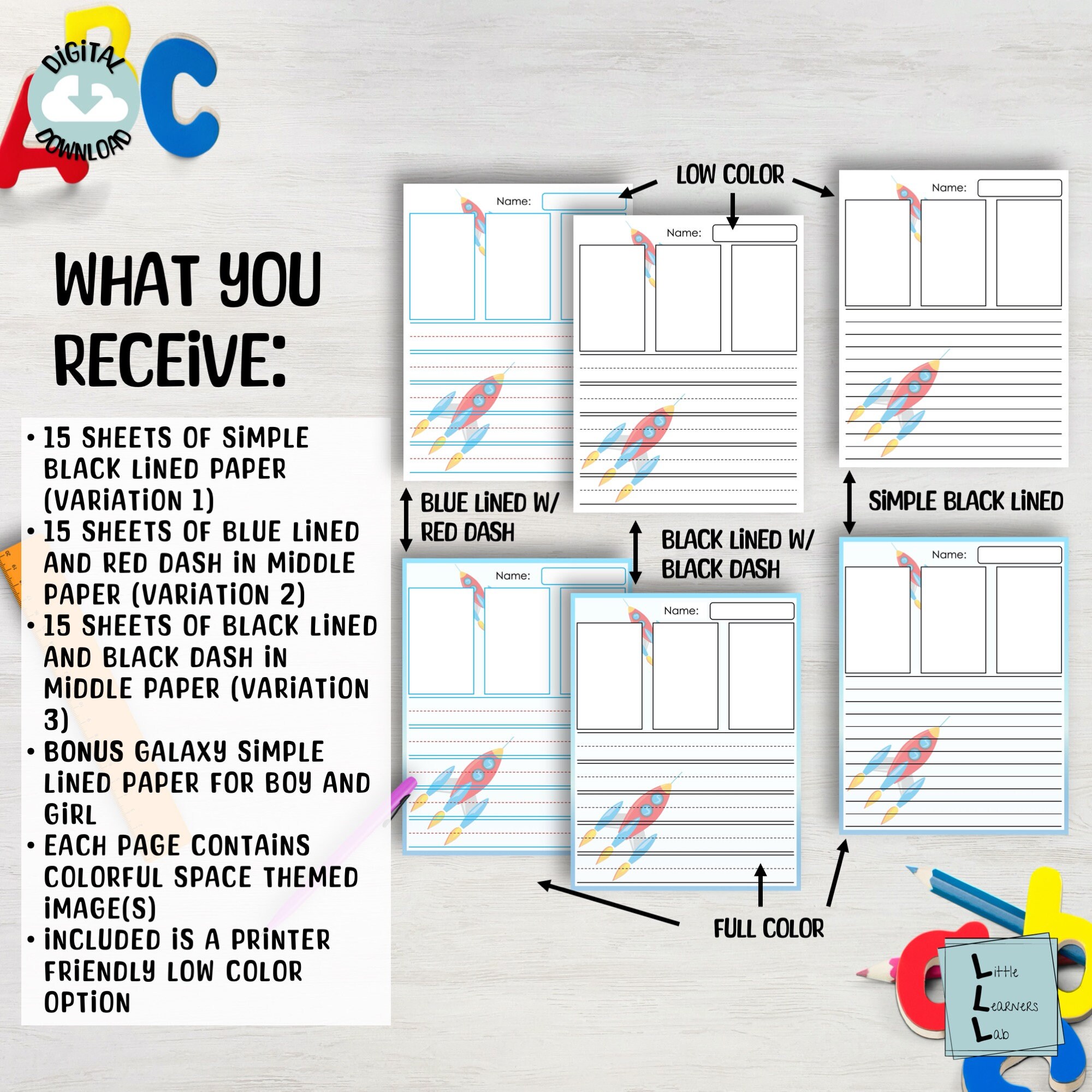 PRINTABLE Set of 3 Primary Lined Paper, Lined Paper, Wide Ruled Journal ...