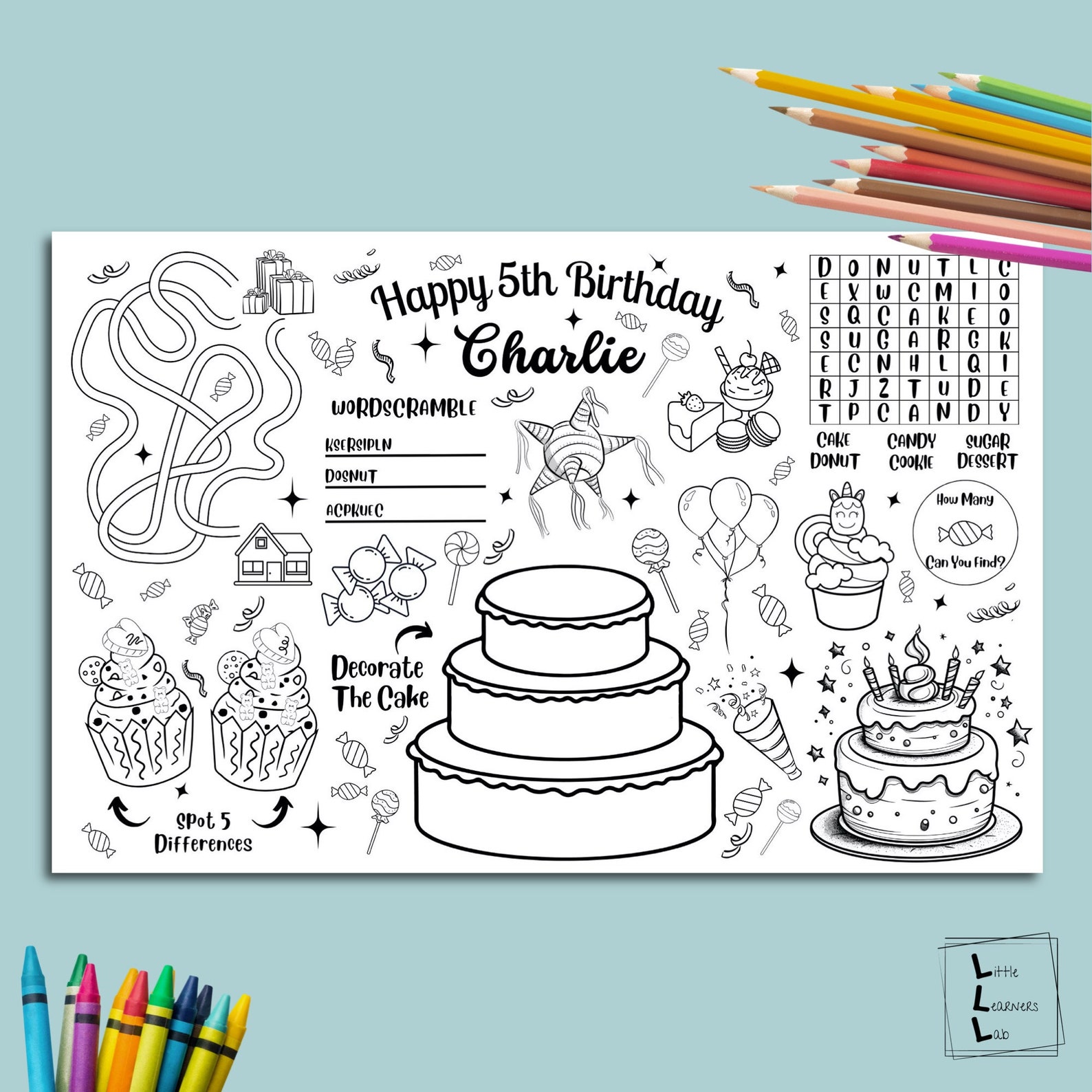 Birthday Party Coloring Placemat for Kids, Personalized Gift, Custom ...