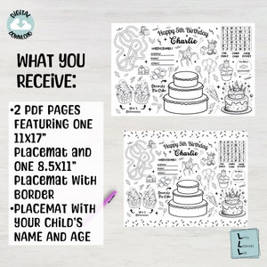 Birthday Party Coloring Placemat for Kids, Personalized Gift, Custom ...