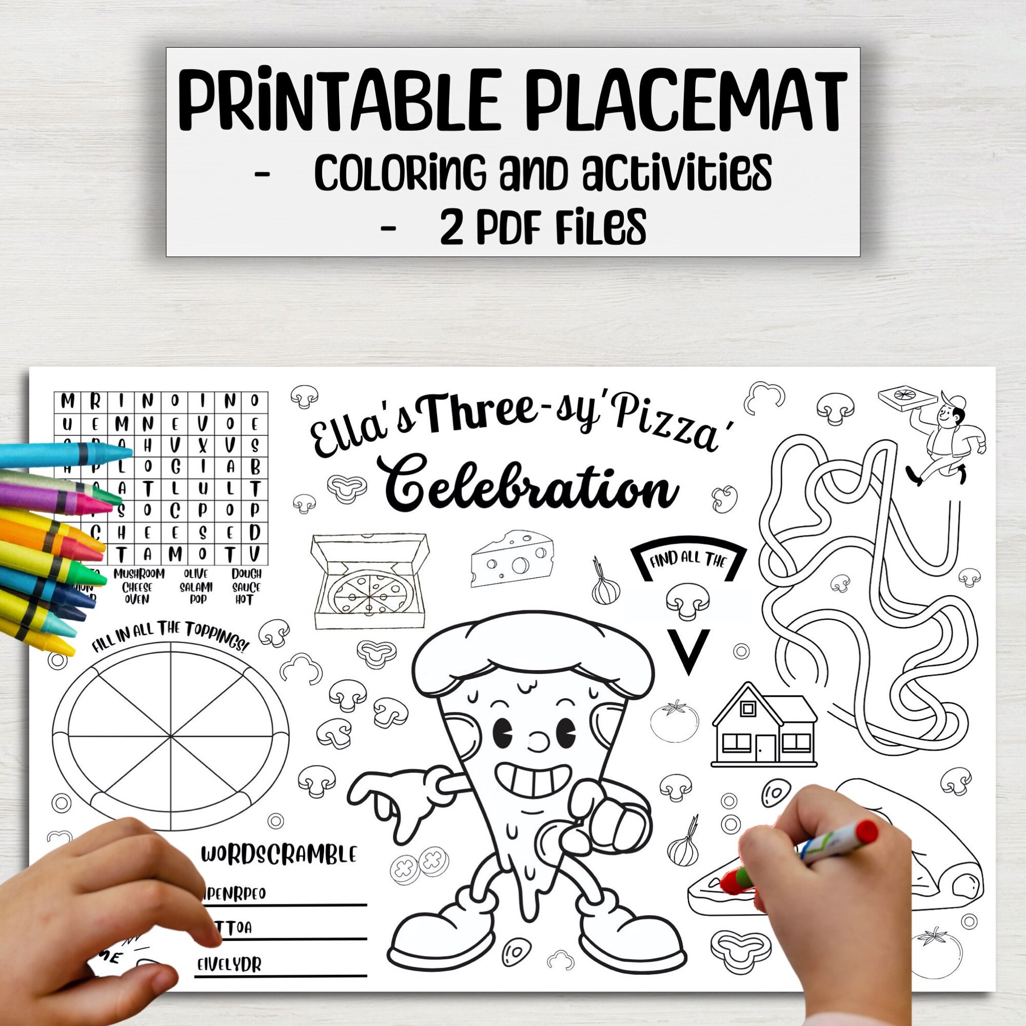 Pizza Birthday Party Coloring Placemat, Personalized Gift, Kids ...