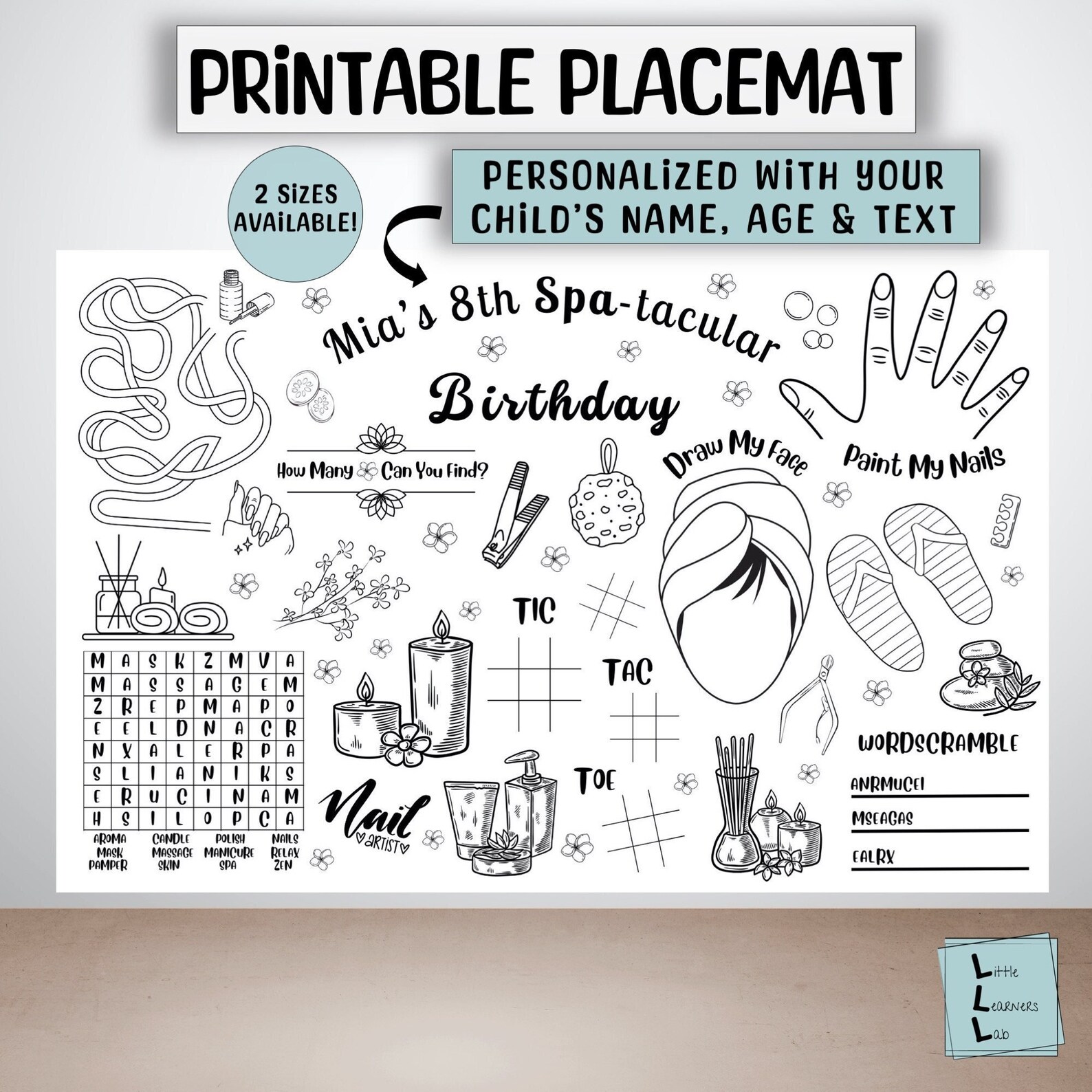 Spa Party Coloring Placemat, Personalized Gift, Spa Party, Birthday ...