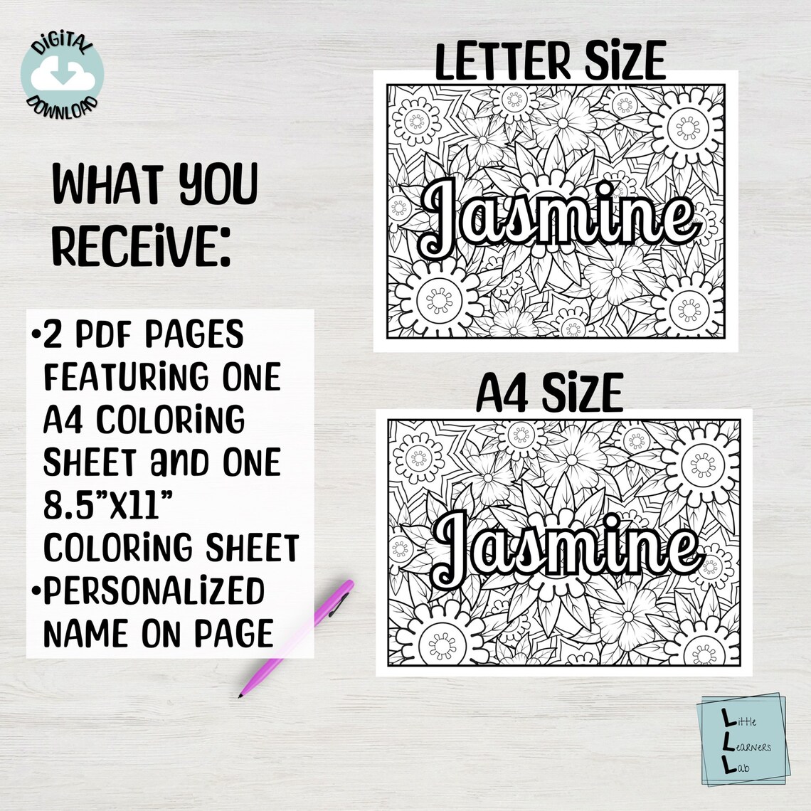 Custom Name Floral Coloring Page, Personalized Kids Gift (digital ...
