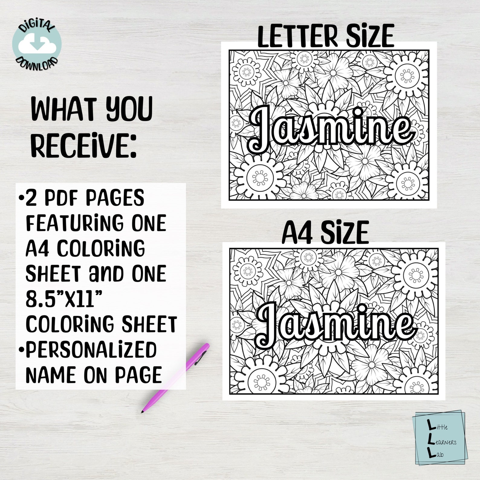 Custom Name Floral Coloring Page, Personalized Kids Gift (digital ...