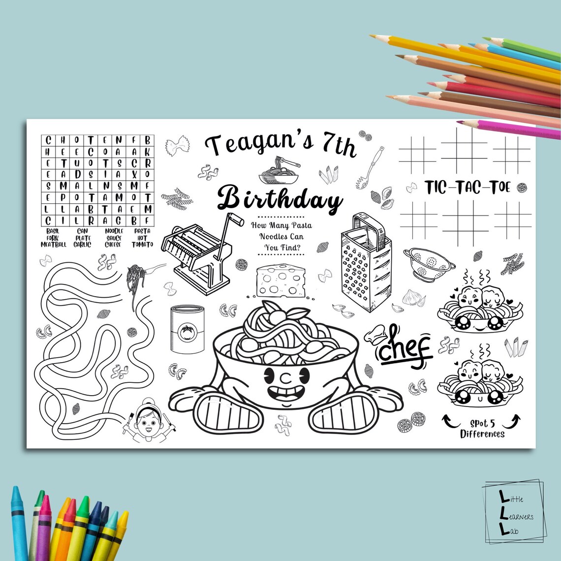 Printable Spaghetti Coloring Placemat, Pasta Party, Personalized Gift ...