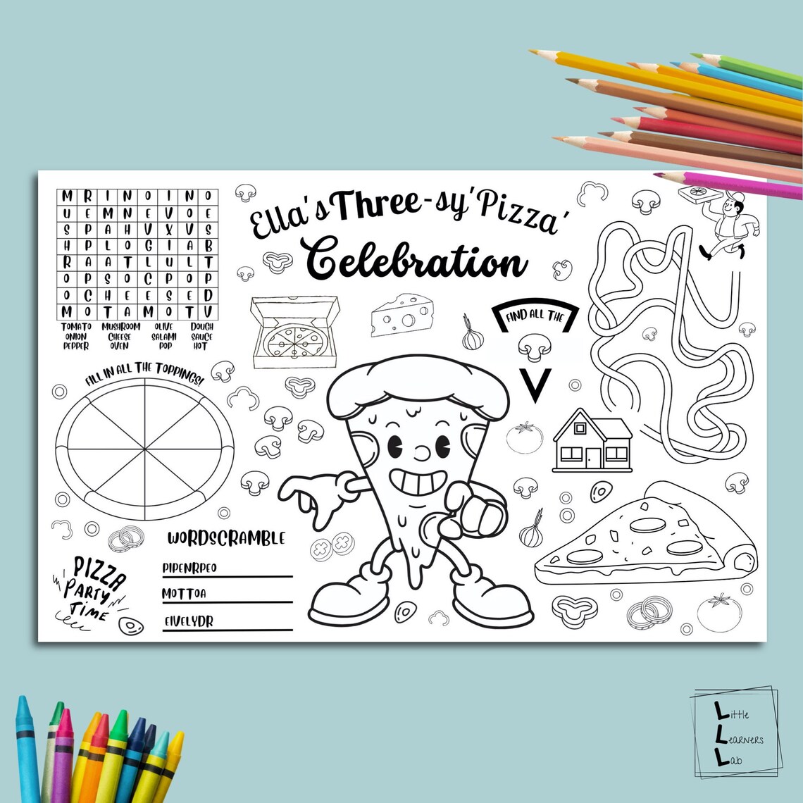 Pizza Birthday Party Coloring Placemat, Personalized Gift, Kids ...