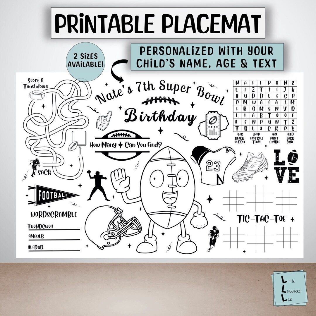 Football Coloring Placemat, Football Birthday, Personalized Gift ...