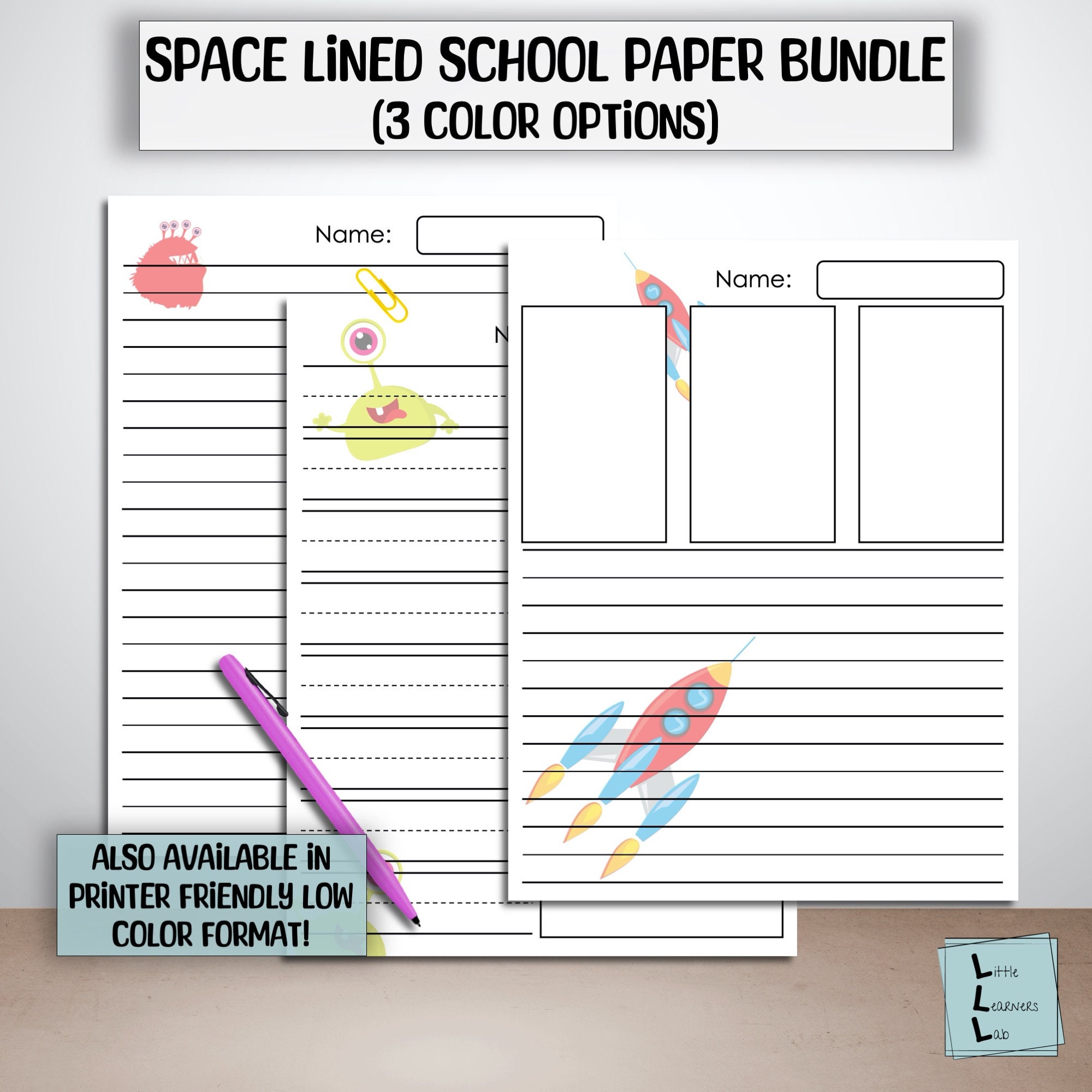 PRINTABLE Set of 3 Primary Lined Paper, Lined Paper, Wide Ruled Journal ...