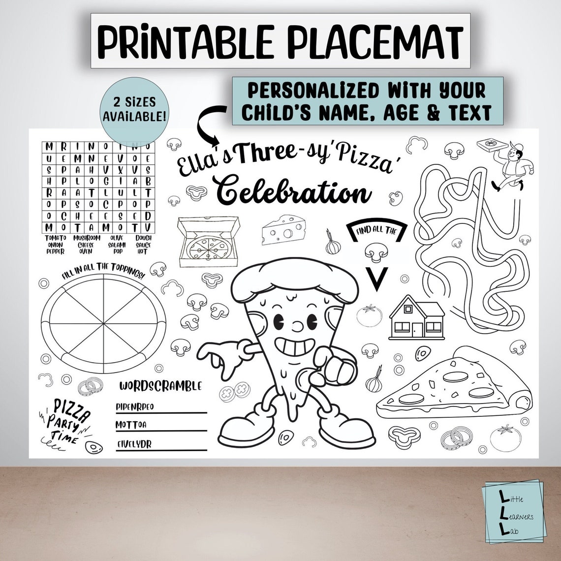 Pizza Birthday Party Coloring Placemat, Personalized Gift, Kids ...