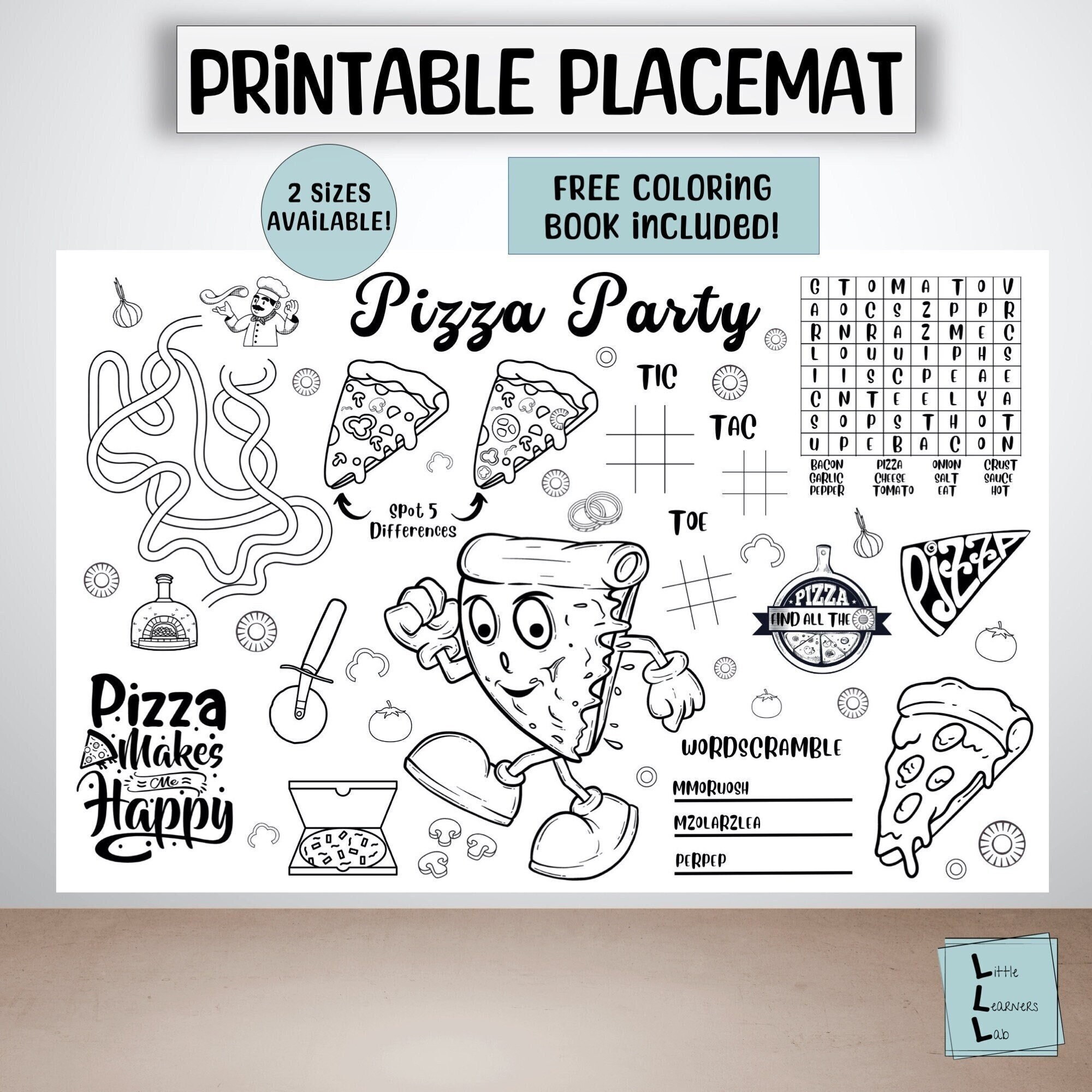 Pizza Birthday Party Coloring Placemat, Pizza Party Birthday, Kids ...