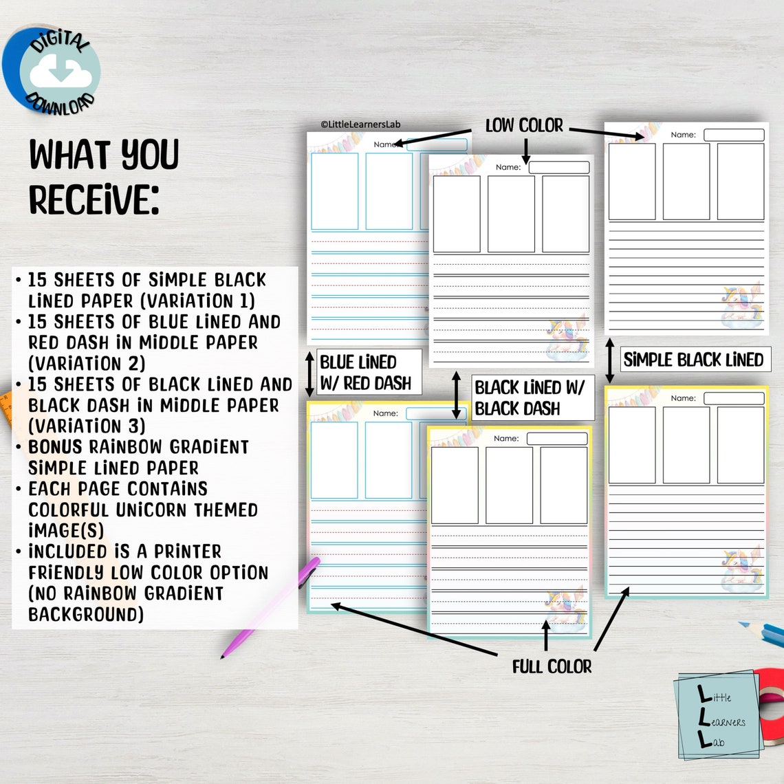 PRINTABLE Set of Primary Lined Paper, Letter Sized Pages, Lined Paper ...