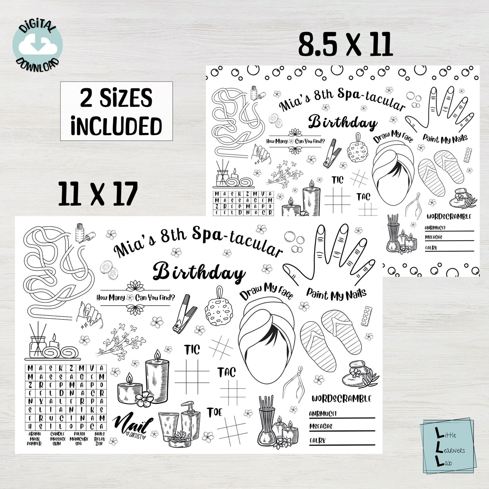Spa Party Coloring Placemat, Personalized Gift, Spa Party, Birthday ...