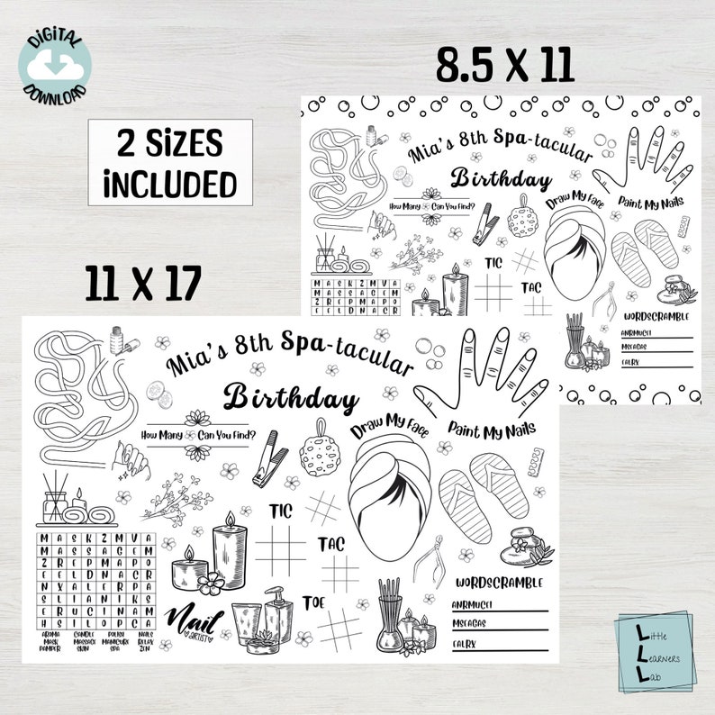 Spa Party Coloring Placemat, Personalized Gift, Spa Party, Birthday ...