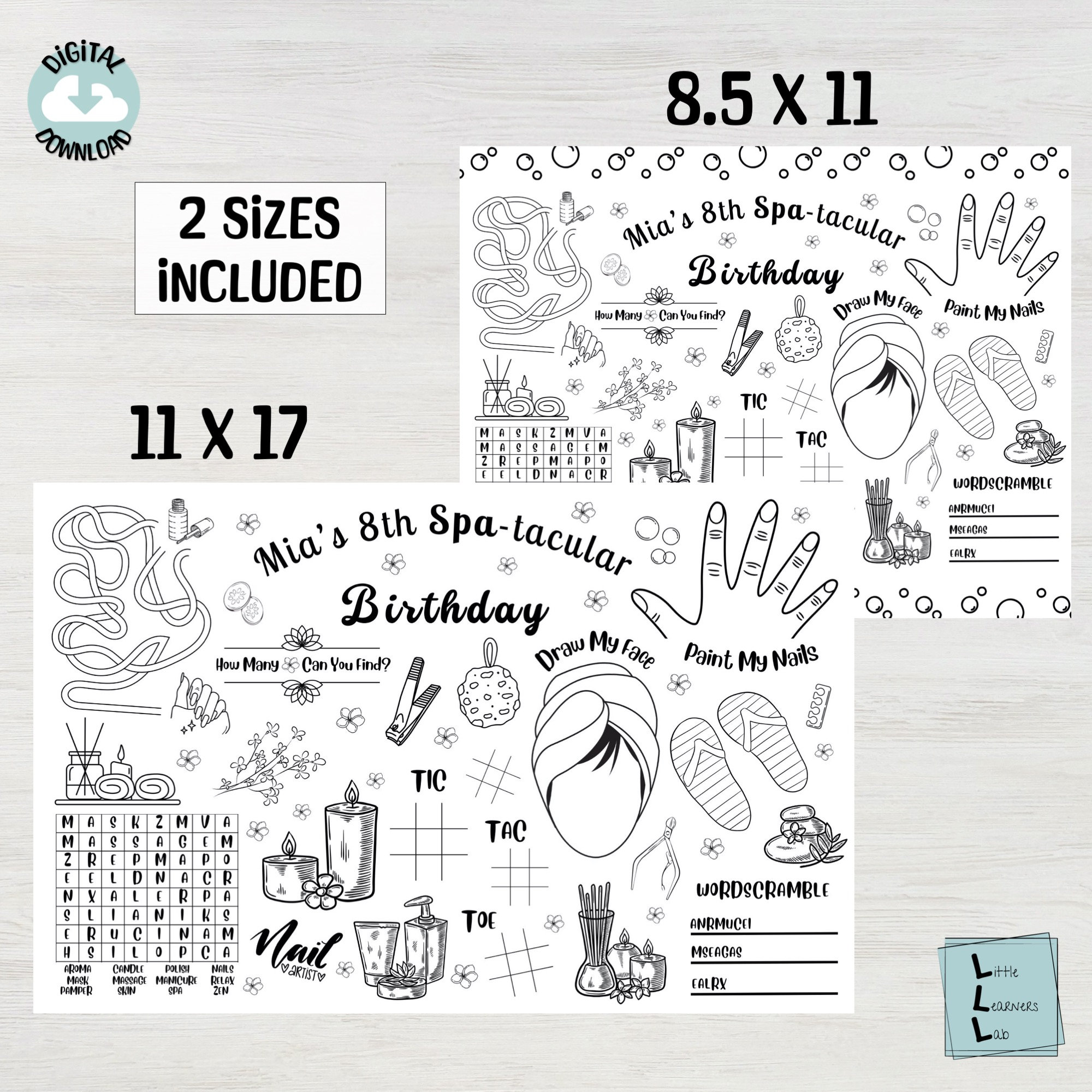 Spa Party Coloring Placemat, Personalized Gift, Spa Party, Birthday ...