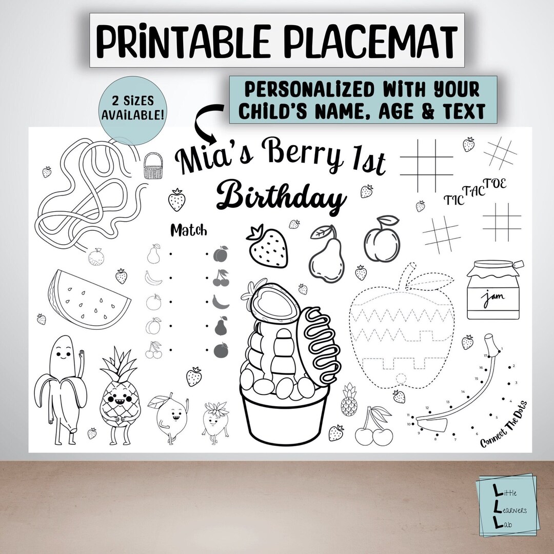 Berry 1st Birthday Activity Placemat, Personalized Coloring Page ...
