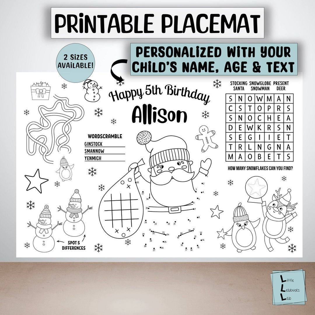 Personalized Christmas Coloring Placemat, Printable Holiday Activity ...