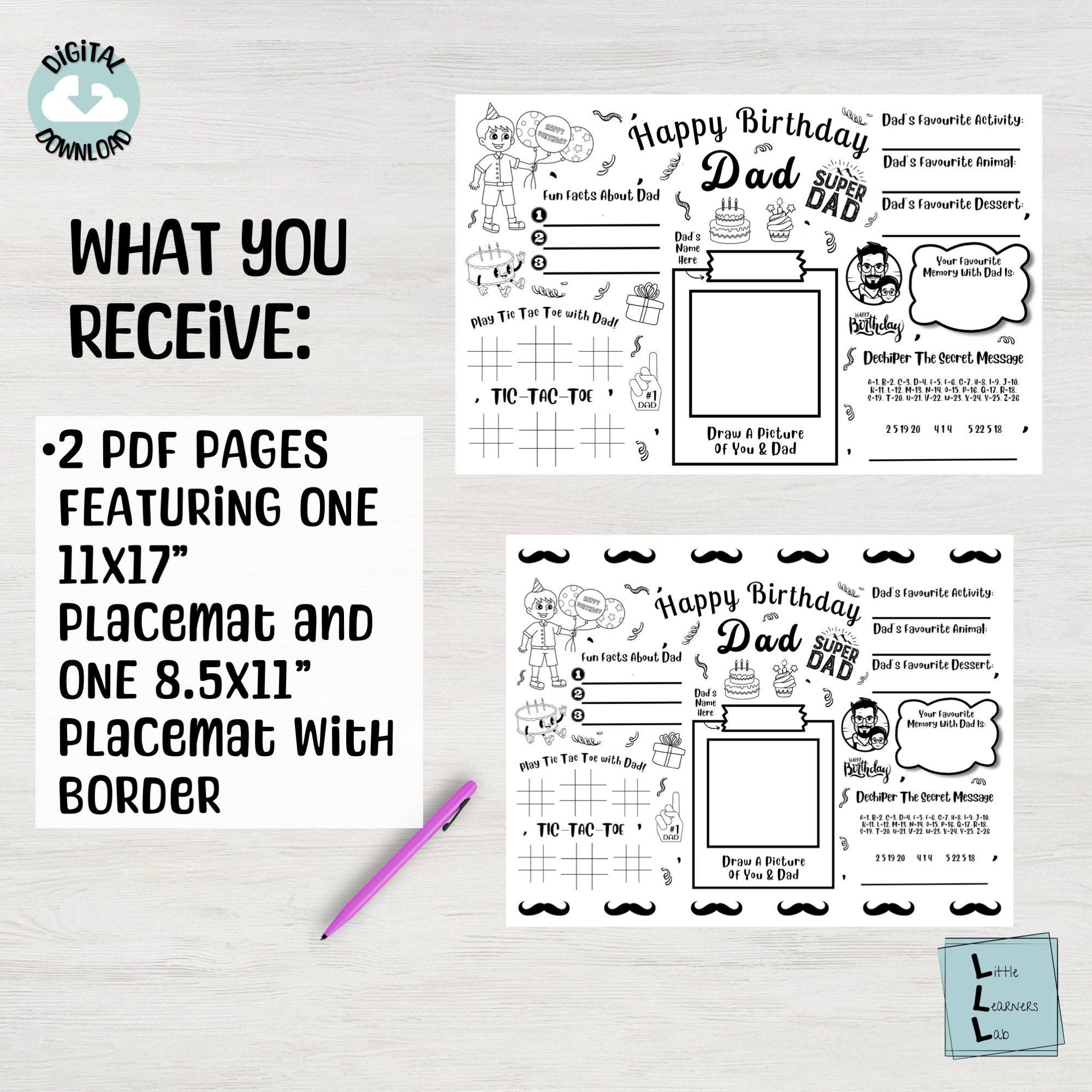 Happy Birthday Dad Coloring Sheet, Happy Birthday Dad Placemat, Bday ...