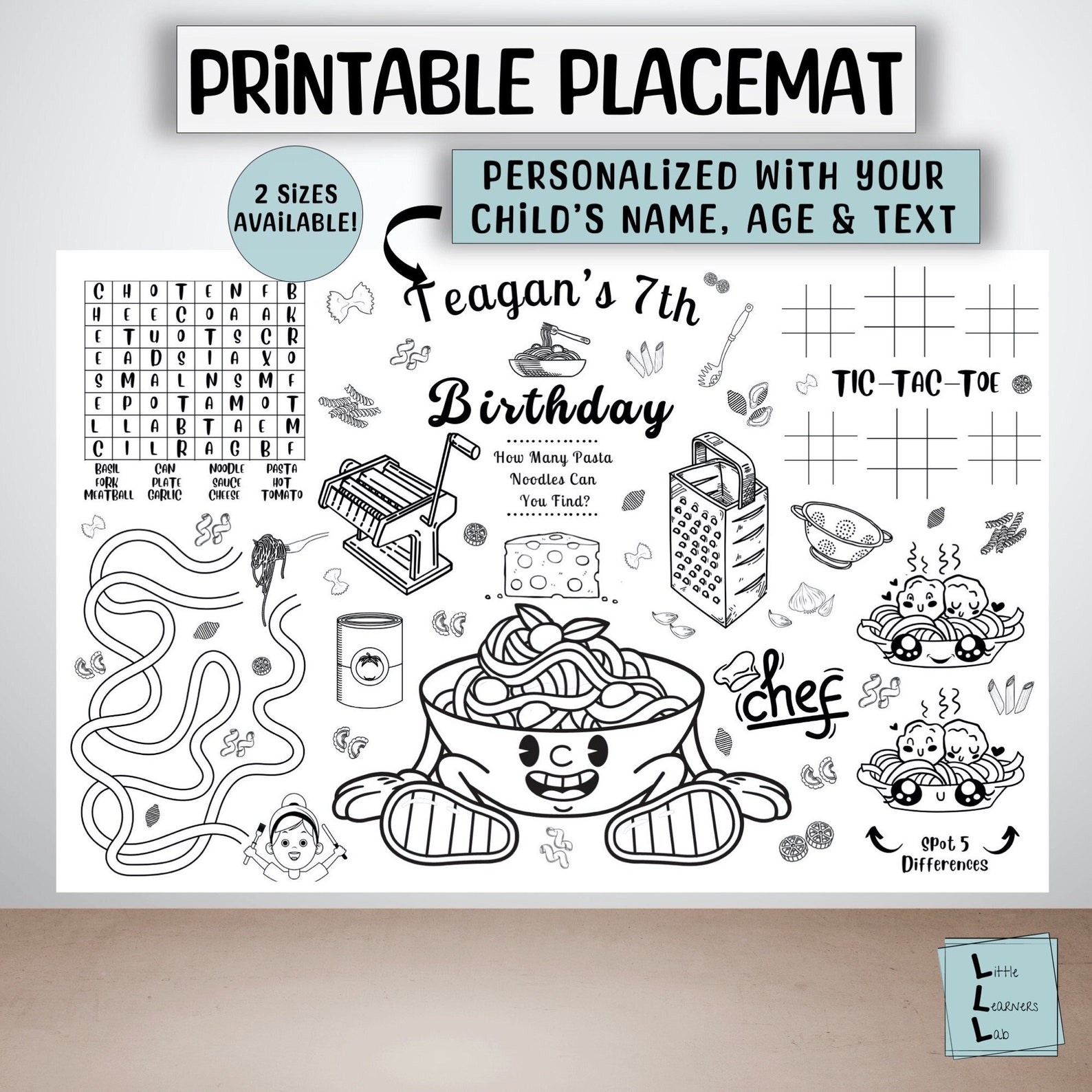 Printable Spaghetti Coloring Placemat, Pasta Party, Personalized Gift ...