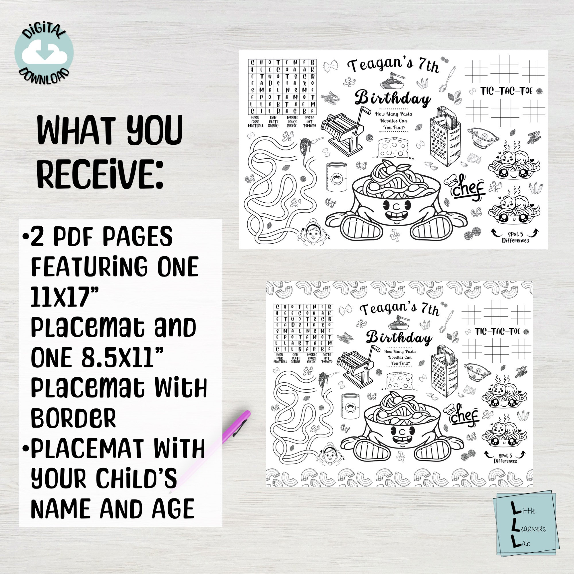 Printable Spaghetti Coloring Placemat, Pasta Party, Personalized Gift ...