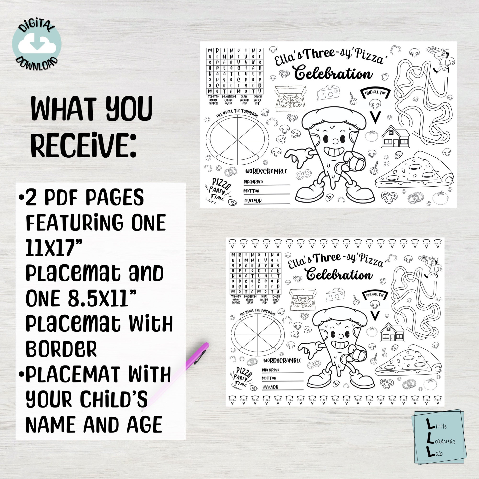 Pizza Birthday Party Coloring Placemat, Personalized Gift, Kids ...
