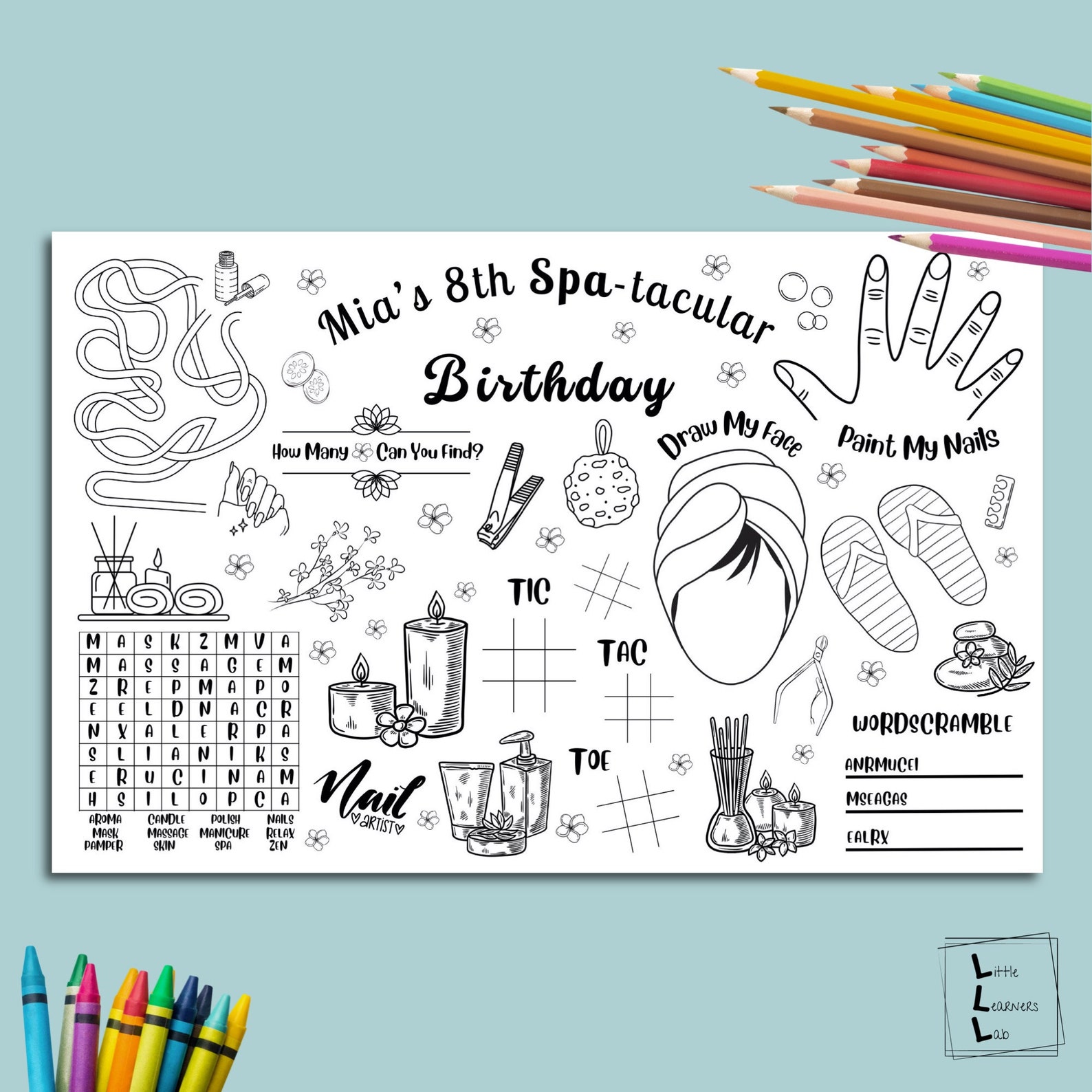 Spa Party Coloring Placemat, Personalized Gift, Spa Party, Birthday ...
