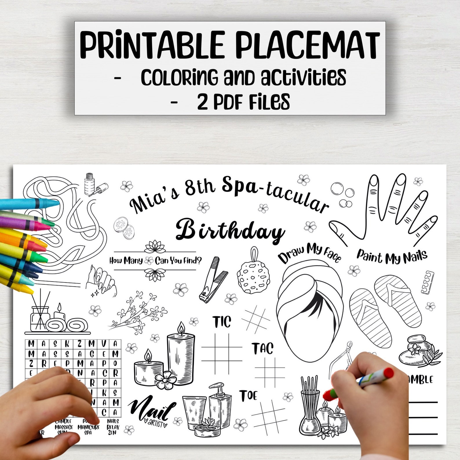 Spa Party Coloring Placemat, Personalized Gift, Spa Party, Birthday ...