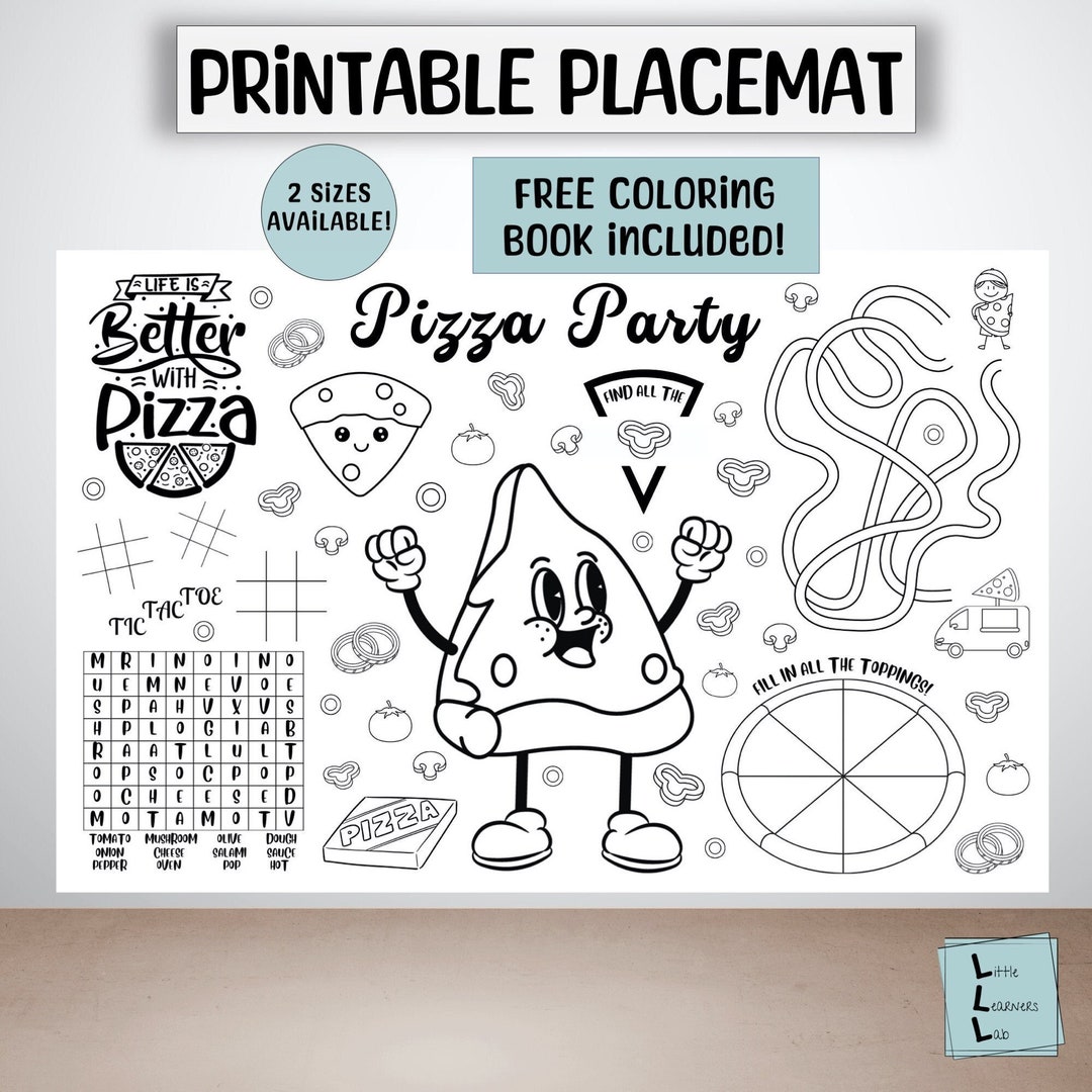 Pizza Birthday Party Coloring Placemat, Pizza Party Birthday, Kids ...