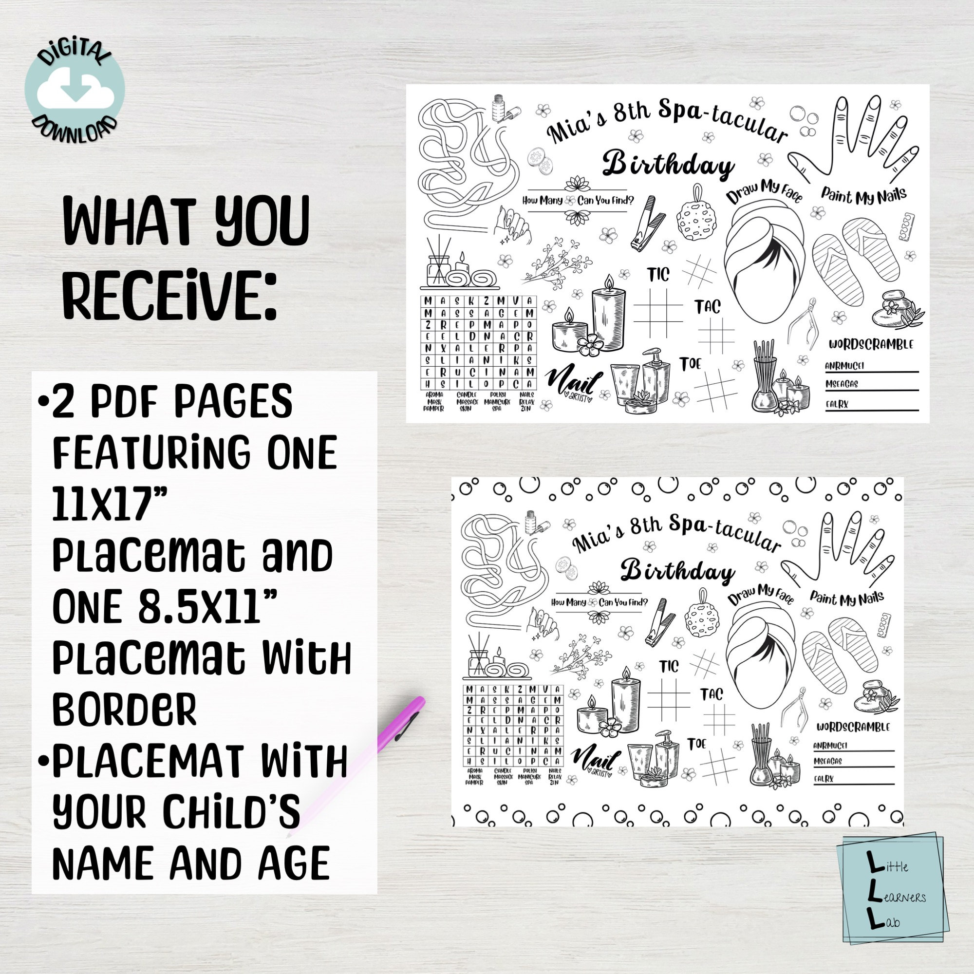 Spa Party Coloring Placemat, Personalized Gift, Spa Party, Birthday ...