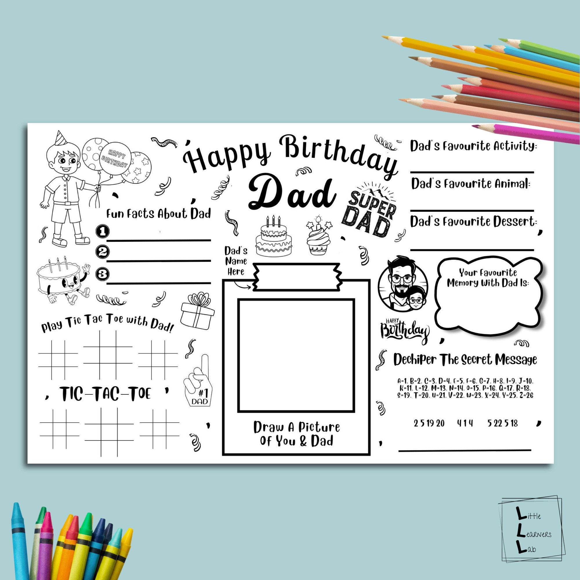 Happy Birthday Dad Coloring Sheet, Happy Birthday Dad Placemat, Bday ...