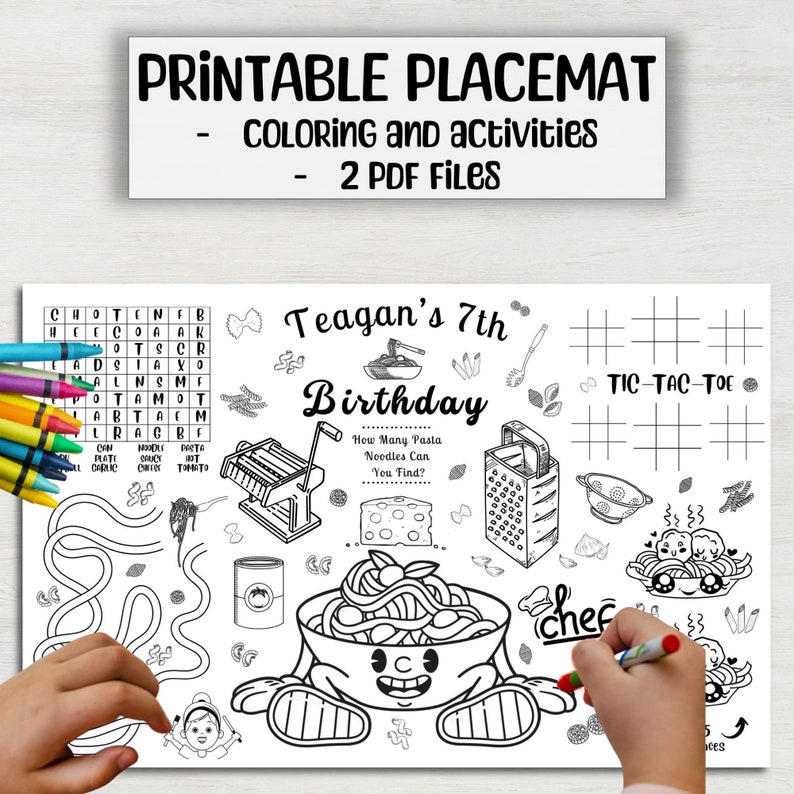 Printable Spaghetti Coloring Placemat, Pasta Party, Personalized Gift ...