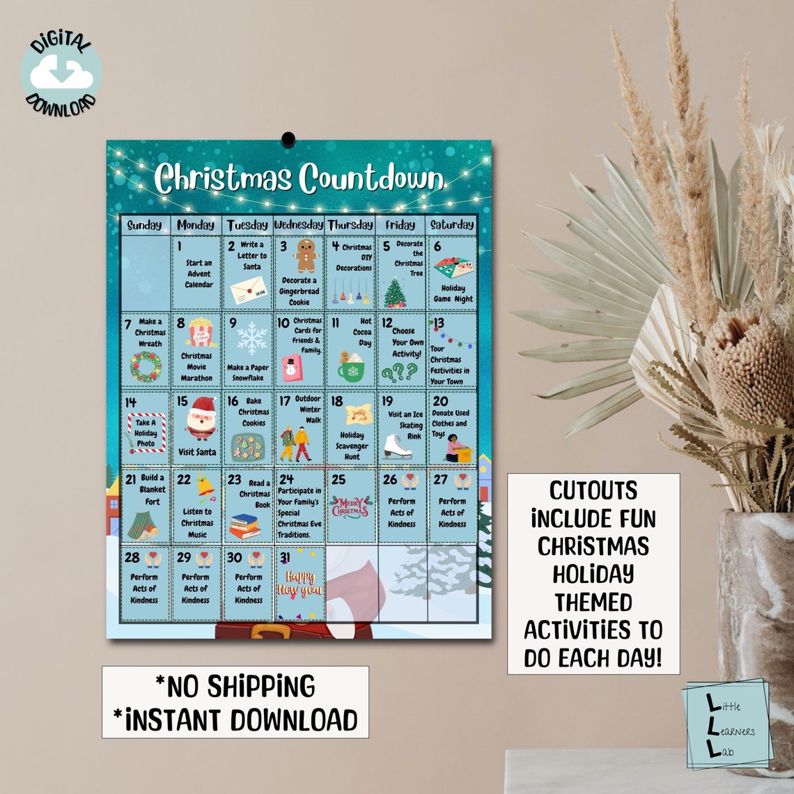 Christmas Countdown Printable, Holiday Advent Calendar, Kids Christmas ...
