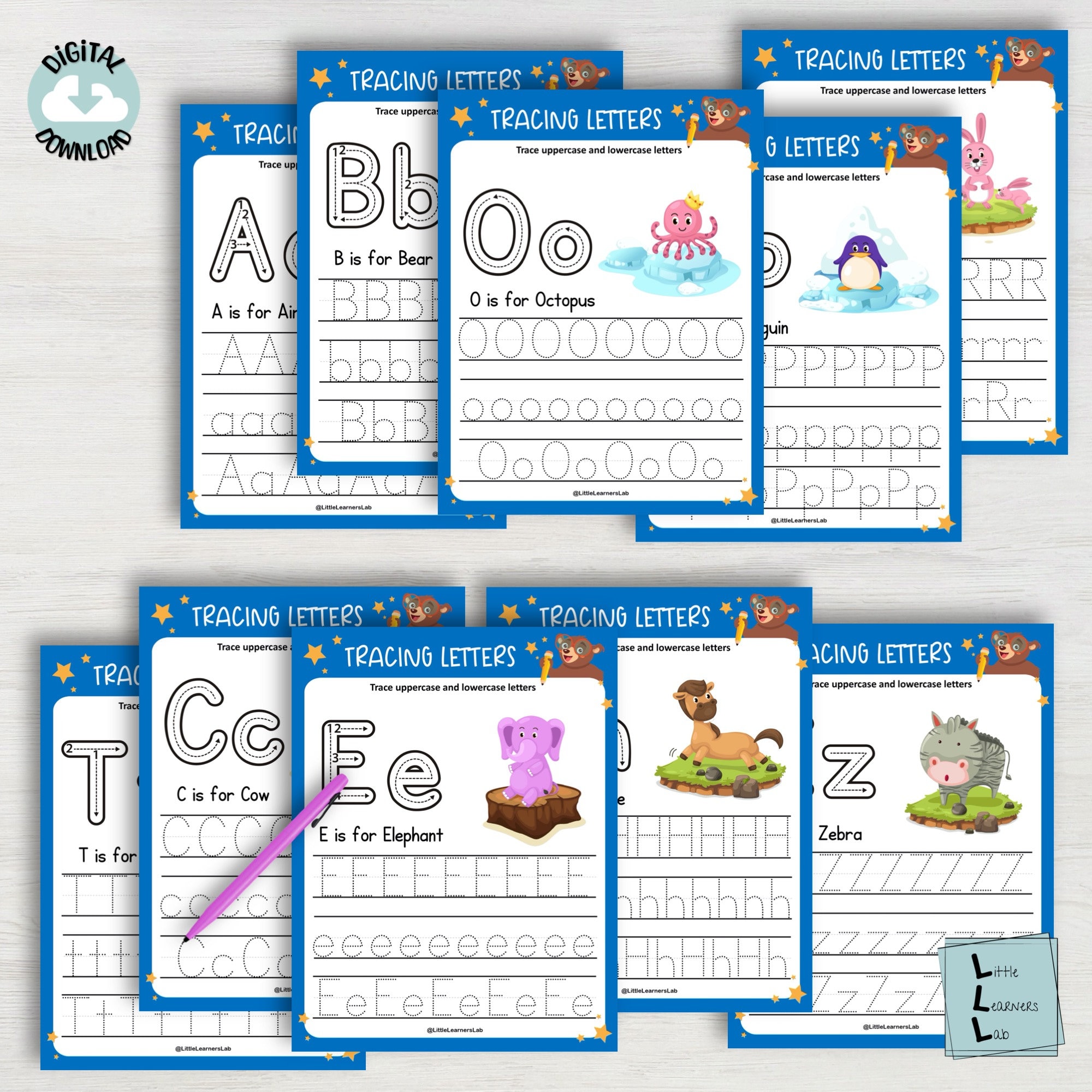 26 Printable Alphabet Tracing Worksheets, ABC Handwriting Practice ...