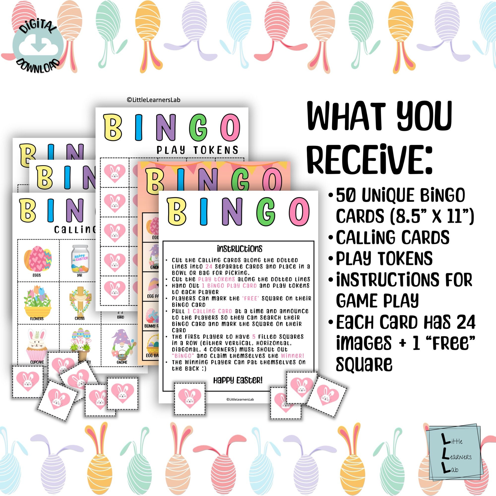 50 Easter Bingo Cards Printable Game, Bingo Easter Classroom Activity ...