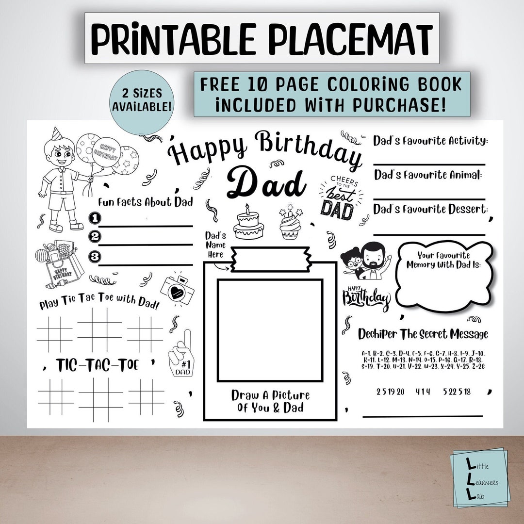 Happy Birthday Dad Coloring Placemat: Kids Activity Sheet (digital ...