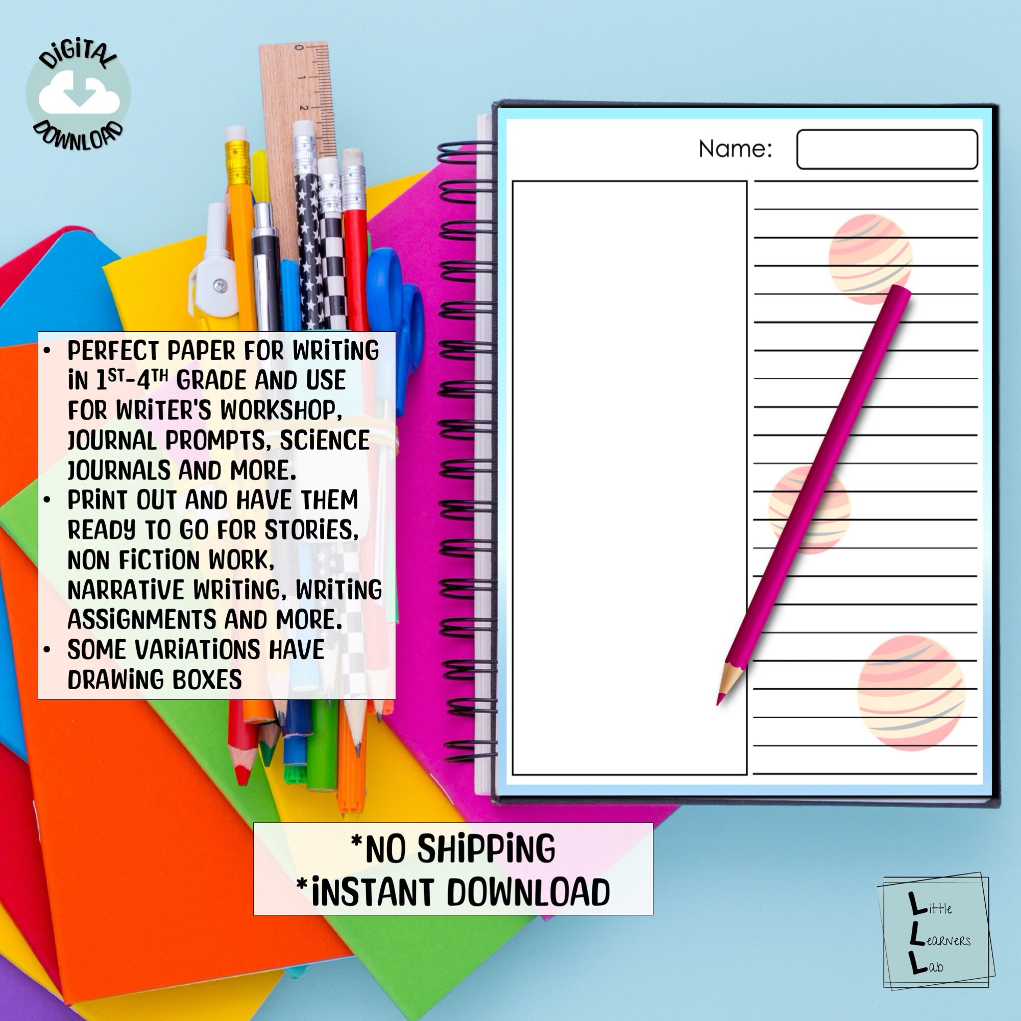 PRINTABLE Set of 3 Primary Lined Paper, Lined Paper, Wide Ruled Journal ...