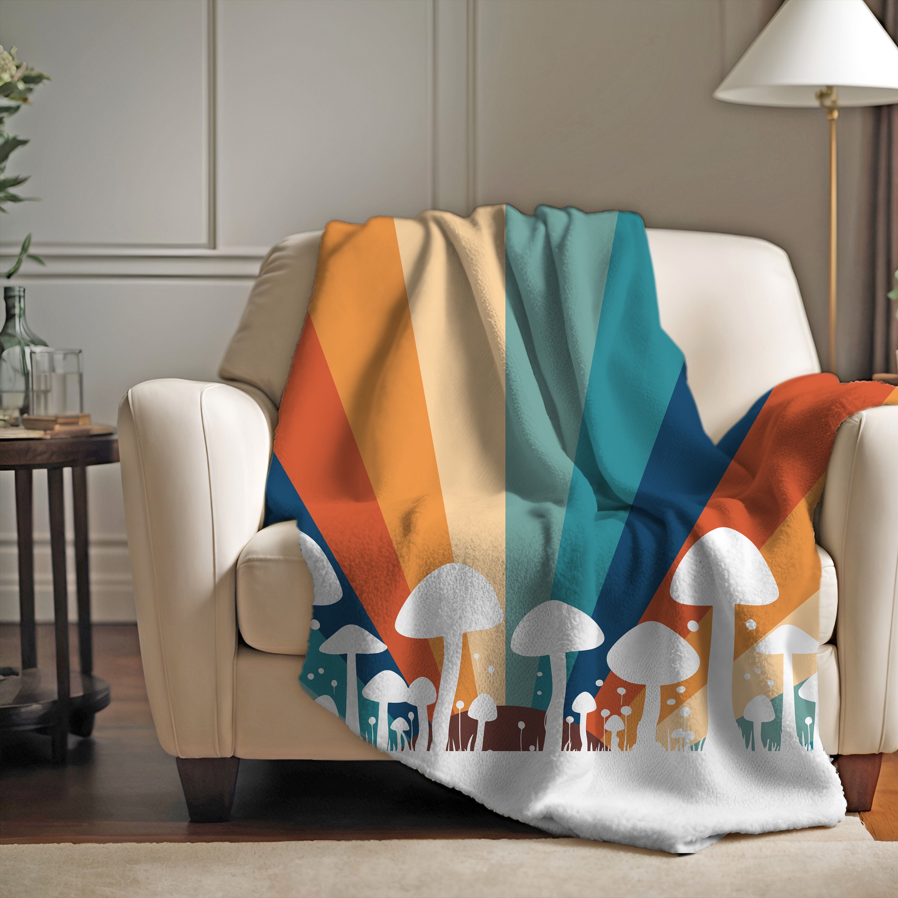 Mushroom Blanket, Retro Rainbow Sunset Throw Blanket, Soft Forestcore ...
