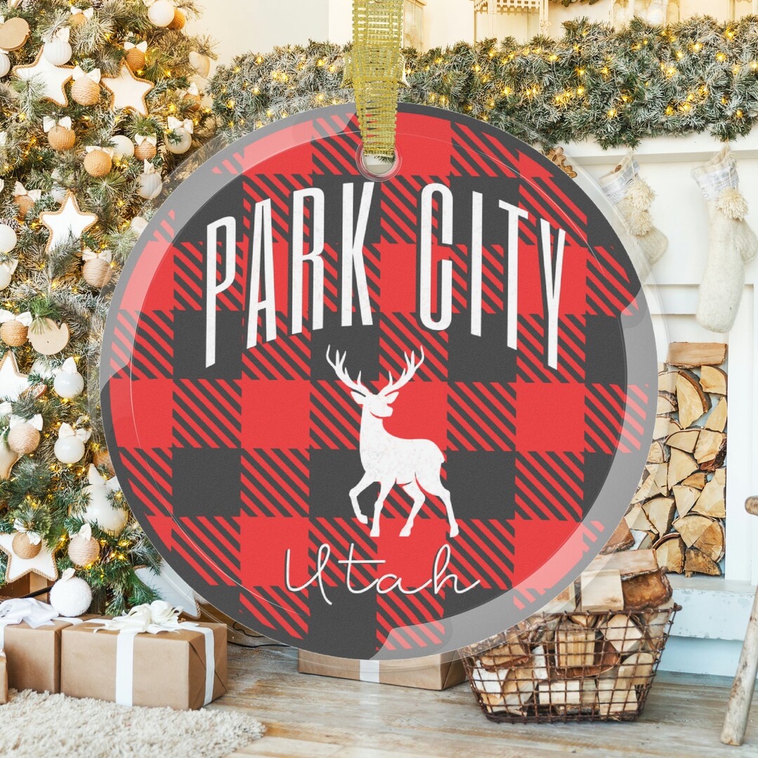 Park City Utah Glass Ornament | Retro Collegiate Buffalo Plaid Park ...