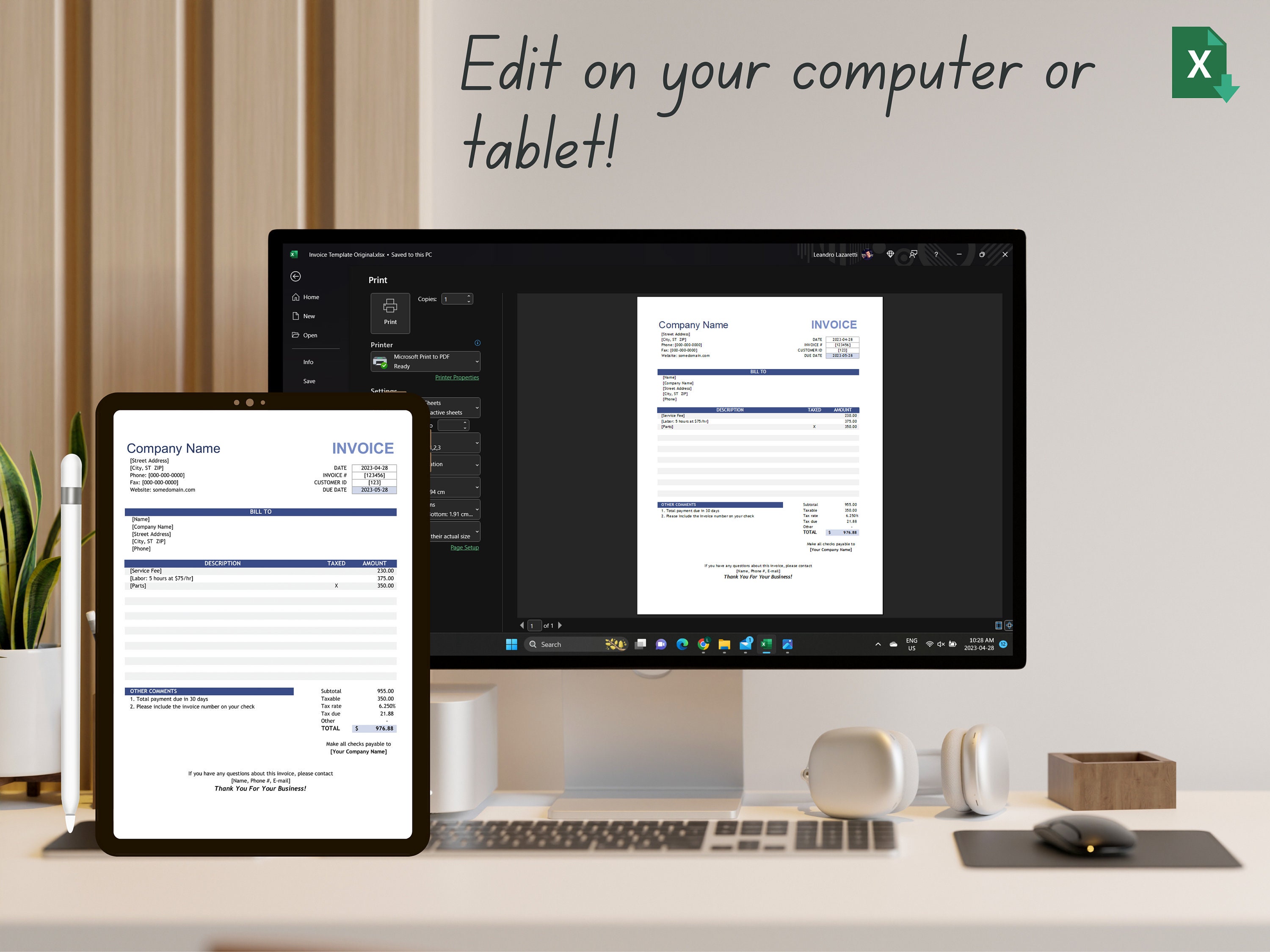 Editable Invoice Excel Template, Modern, Professional Invoice ...