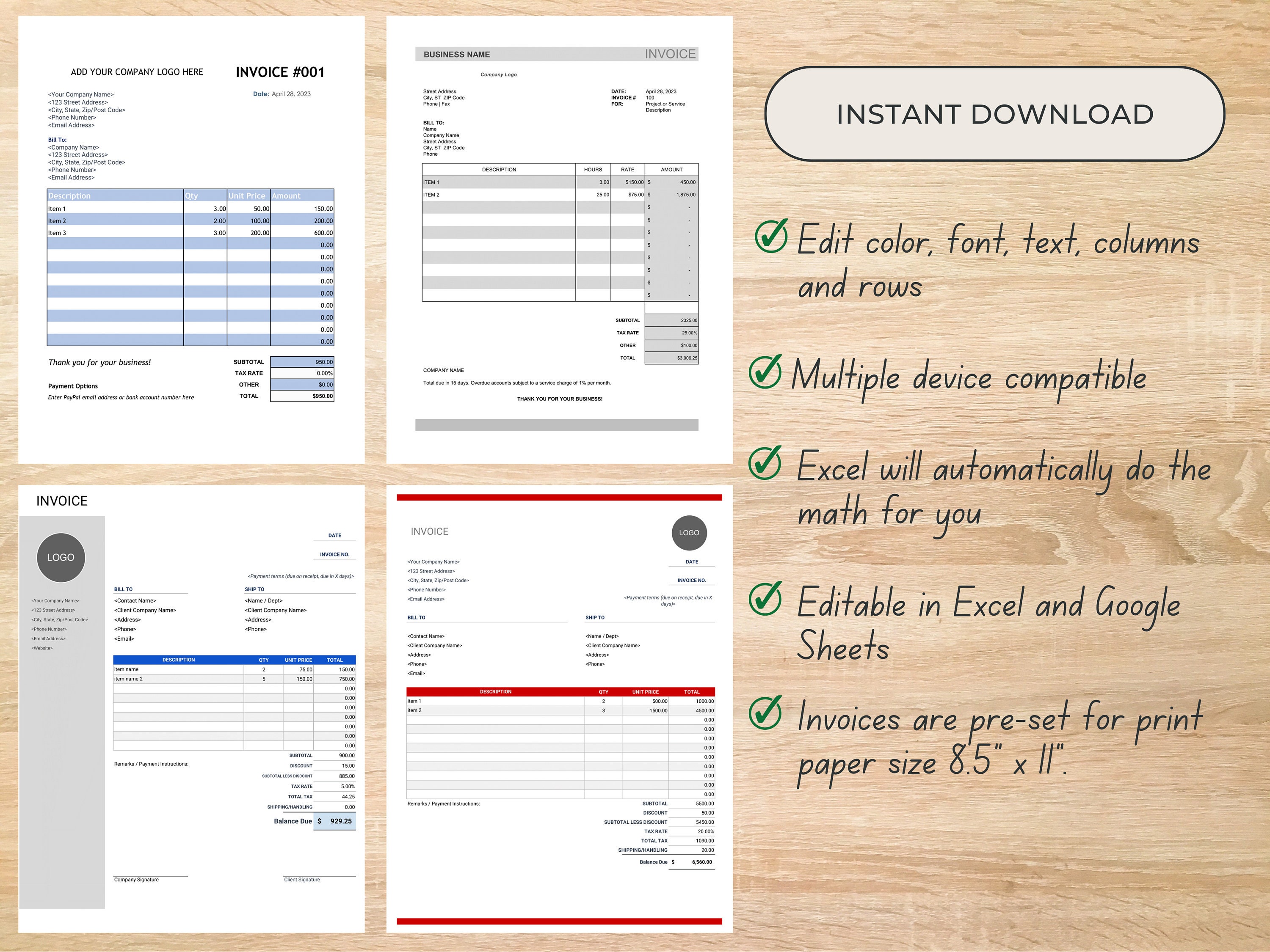 Editable Invoice Excel Template, Modern, Professional Invoice ...