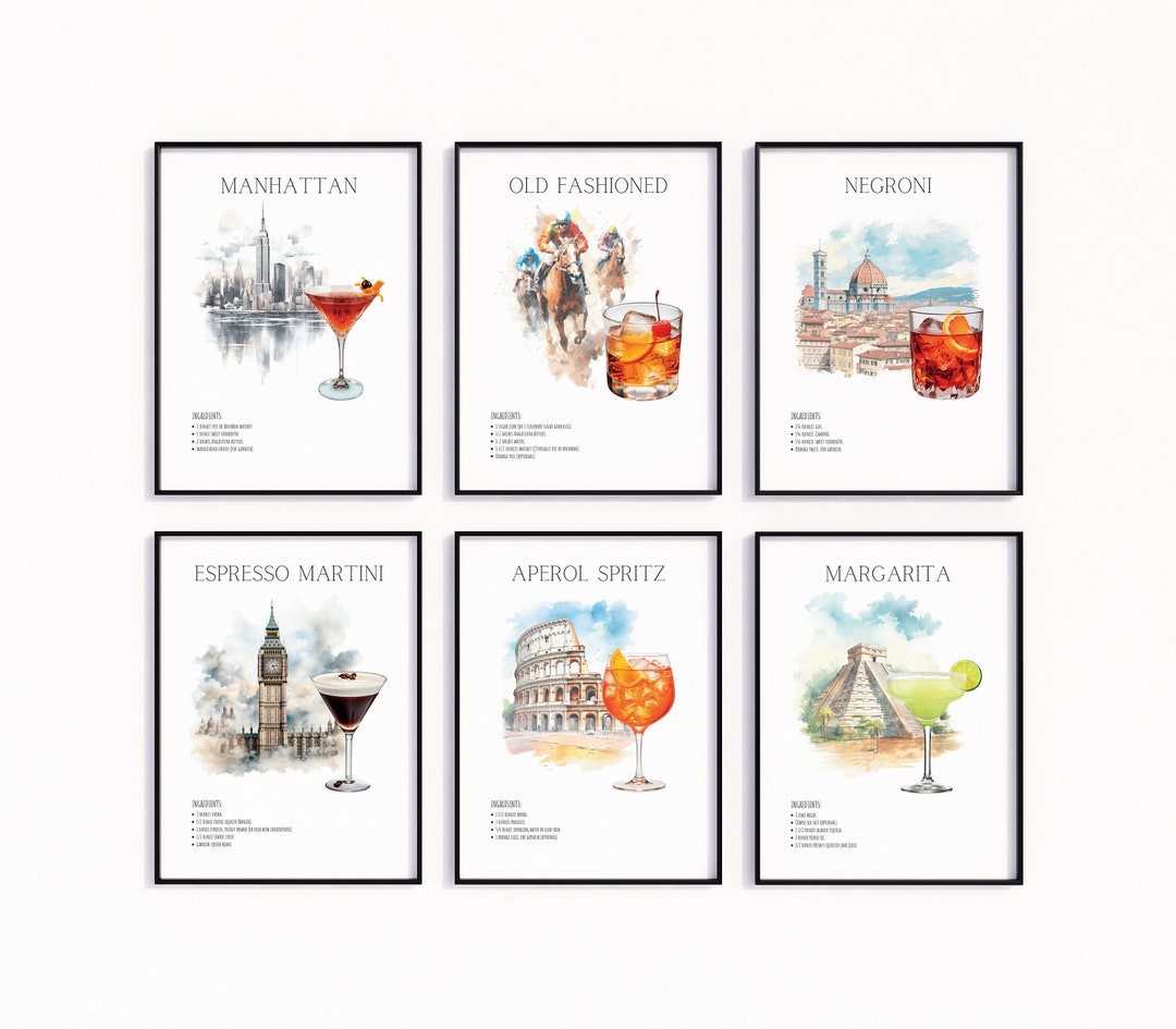 6 Classic Cocktail Retro Posters, Alcohol Prints, Minimalist Wall Art ...