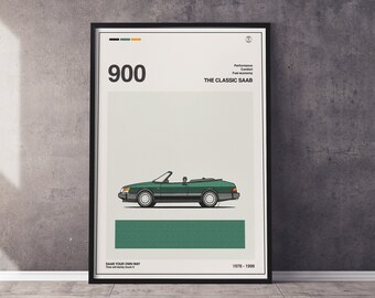 Saab 900 Turbo Poster Saab Car Wall Poster Blue Vintage Saab Poster ...
