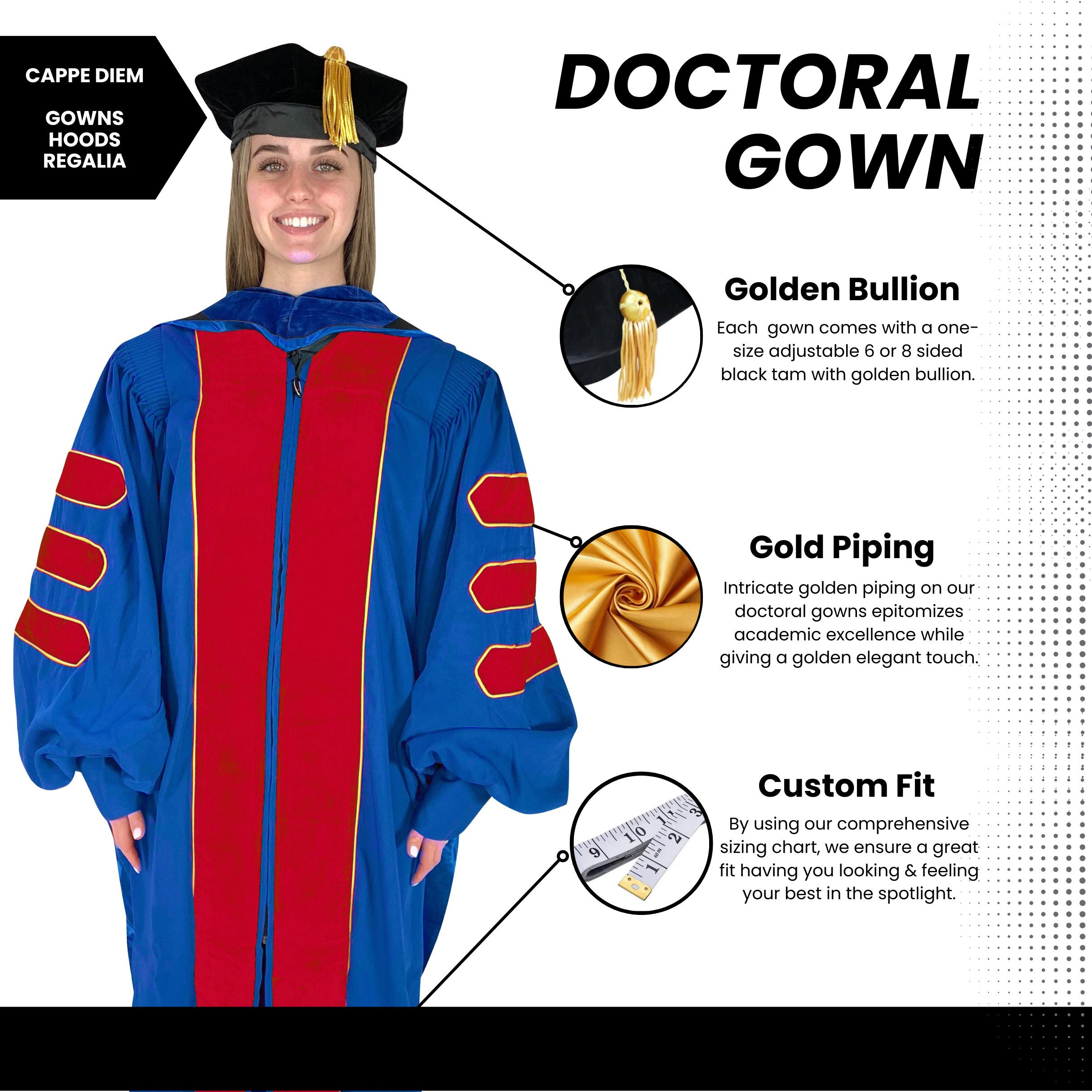 Academic Regalia Gown Ariro Royal Blue With Gold Piping - Faculty & PhD ...